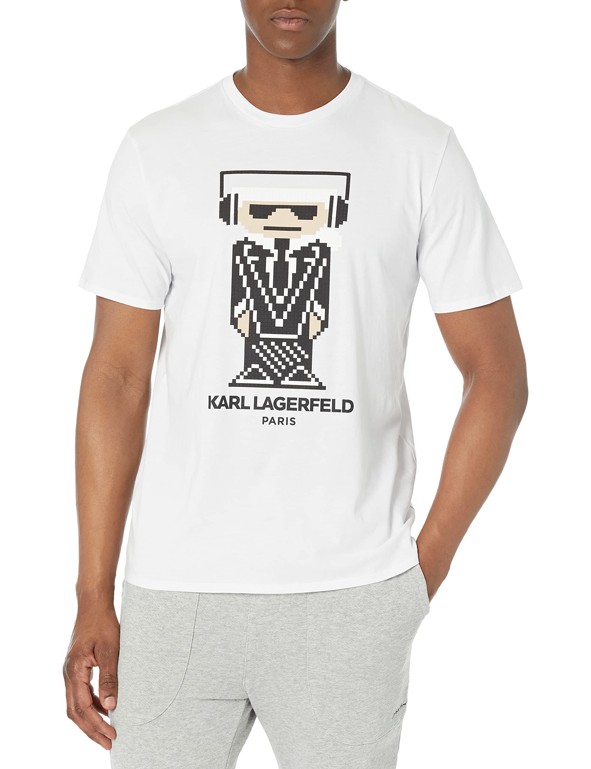 Karl Lagerfeld Paris Men's Pixel Headphone Logo Crewneck Short Sleeve Solid T-Shirt, White, X-Large