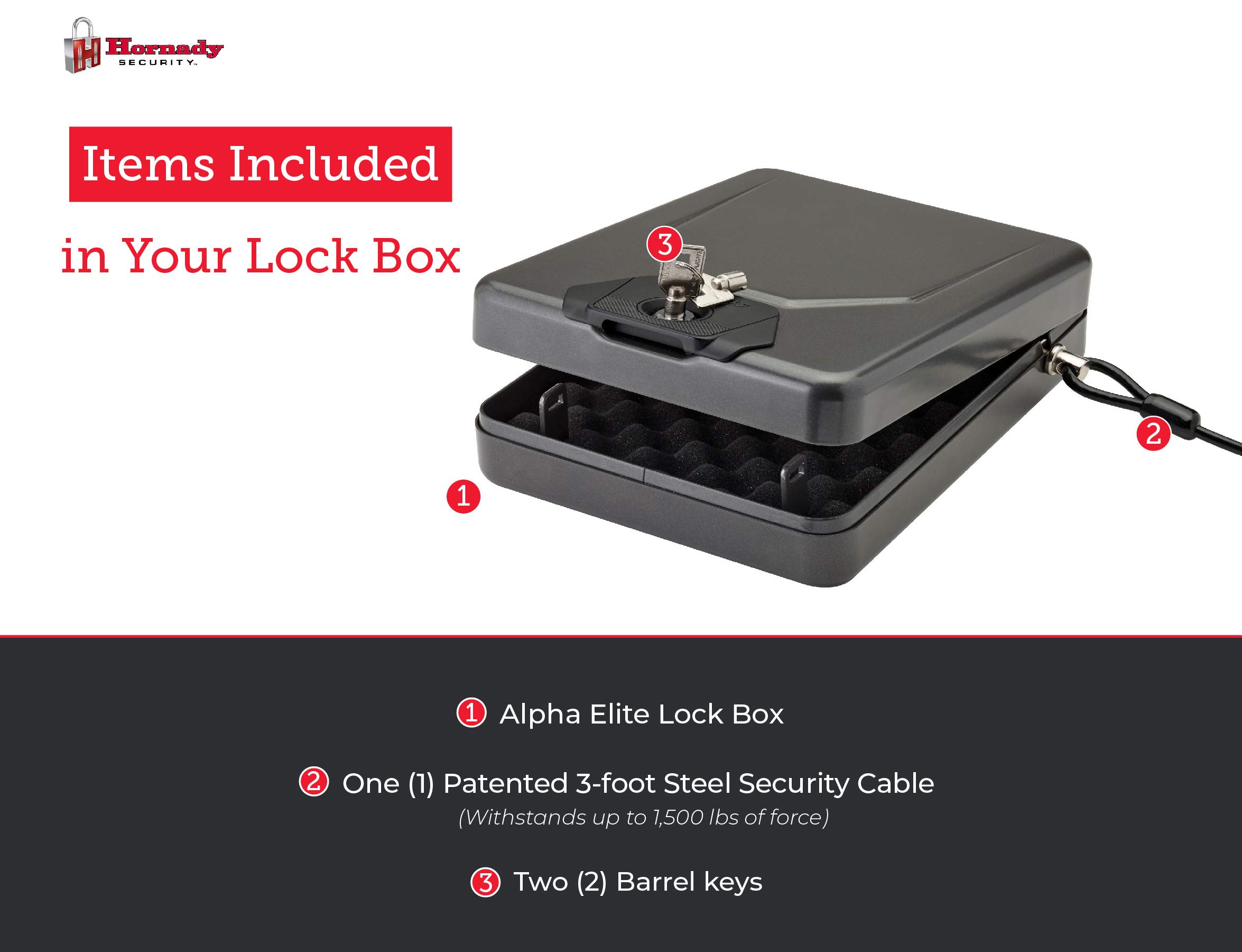 Hornady Alpha Elite Portable Lock Box for Guns and Valuables β Includes 2 Keys and 4 Foot Steel Cable β Thick 16-Gauge Steel, An Ideal Car Lock Box or Truck Safe β Black, 10.25 x 8 x 2.75 Inches