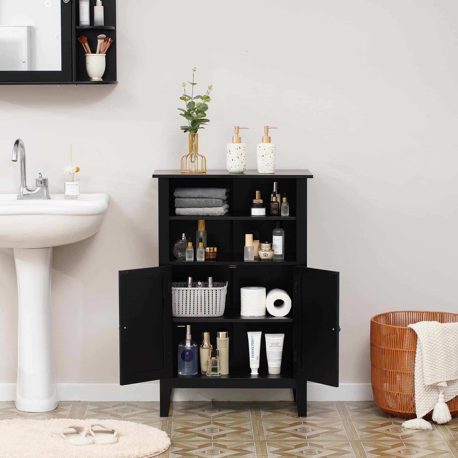 Iwell Black Bathroom Cabinet with 2 Adjustable Shelves, 6 Adjustable Heights, Floor Storage Cabinet with 2 Doors for Bathroom