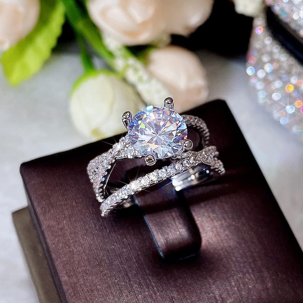 hsiyyecg Shiny Round Cut Cubic Zirconia Multi Row Cross Knot Women's Eternity Engagement Wedding Band Ring, X Cross Wrap Around CZ Rings Size 6-10 (US Code 8)