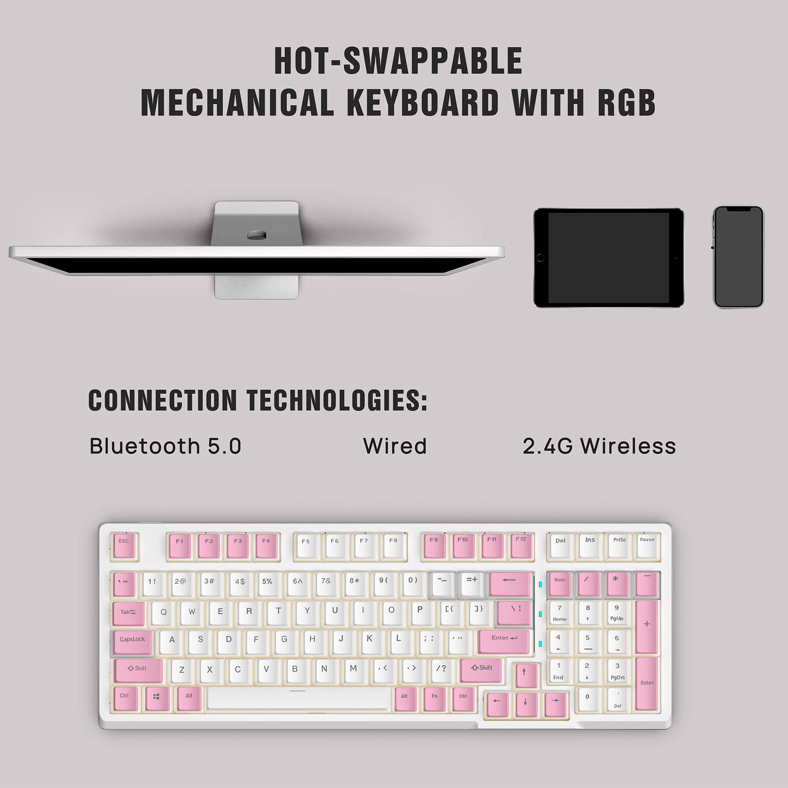 KOLMAX 98-Key RGB Hot-swappable Mechanical Gaming Keyboard, 2.4G Wireless/BT5.0/Wired with PBT Double-Shot Pudding Keycaps White-Pink Gaming Keyboard for Mac & Win Programmable Macro (Pink Switches)