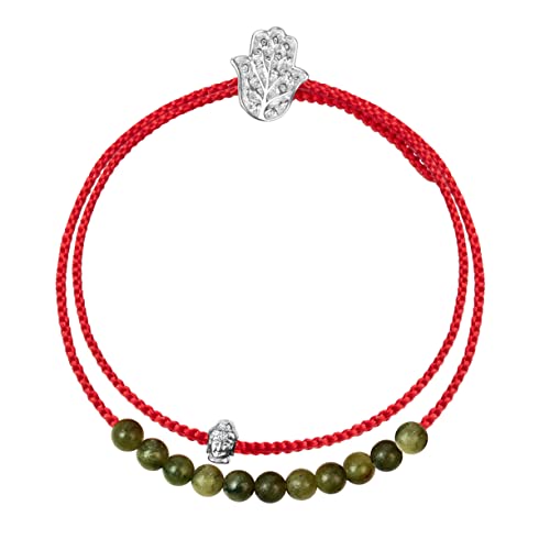 KARMA AND LUCK -Women's Red String Wrap with 925 Sterling Silver Brass Bracelet Available in Rose Quartz and Jade Stone, Hamsa Charm, Handmade in Bali, 13" to 14" (Jade Stone)