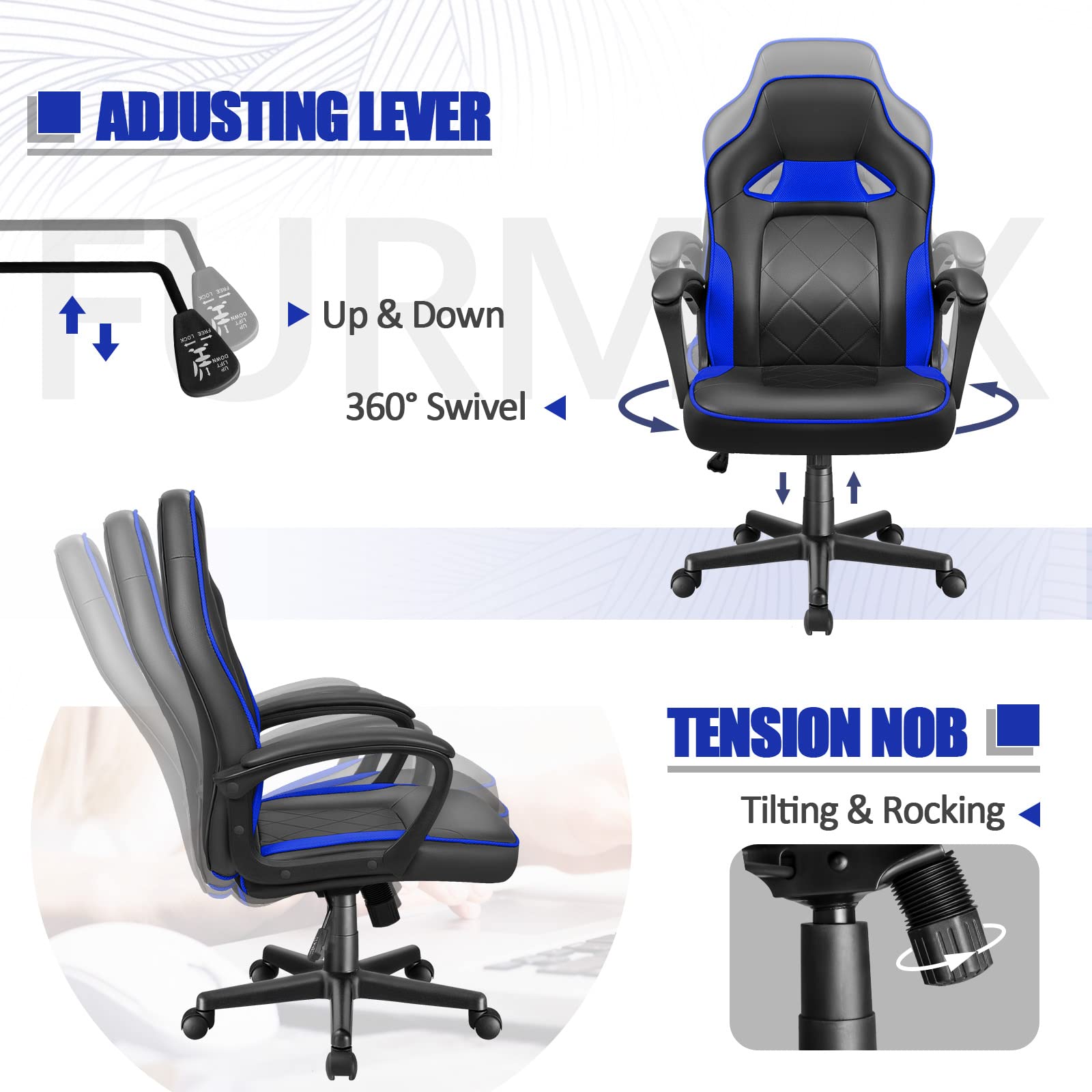 Furmax Gaming Chair PC Computer Desk Chair Comfortable Office Chair Racing Style PU Leather Executive Chair with Lumbar and Back Support, Swivel Task Chair (Black)