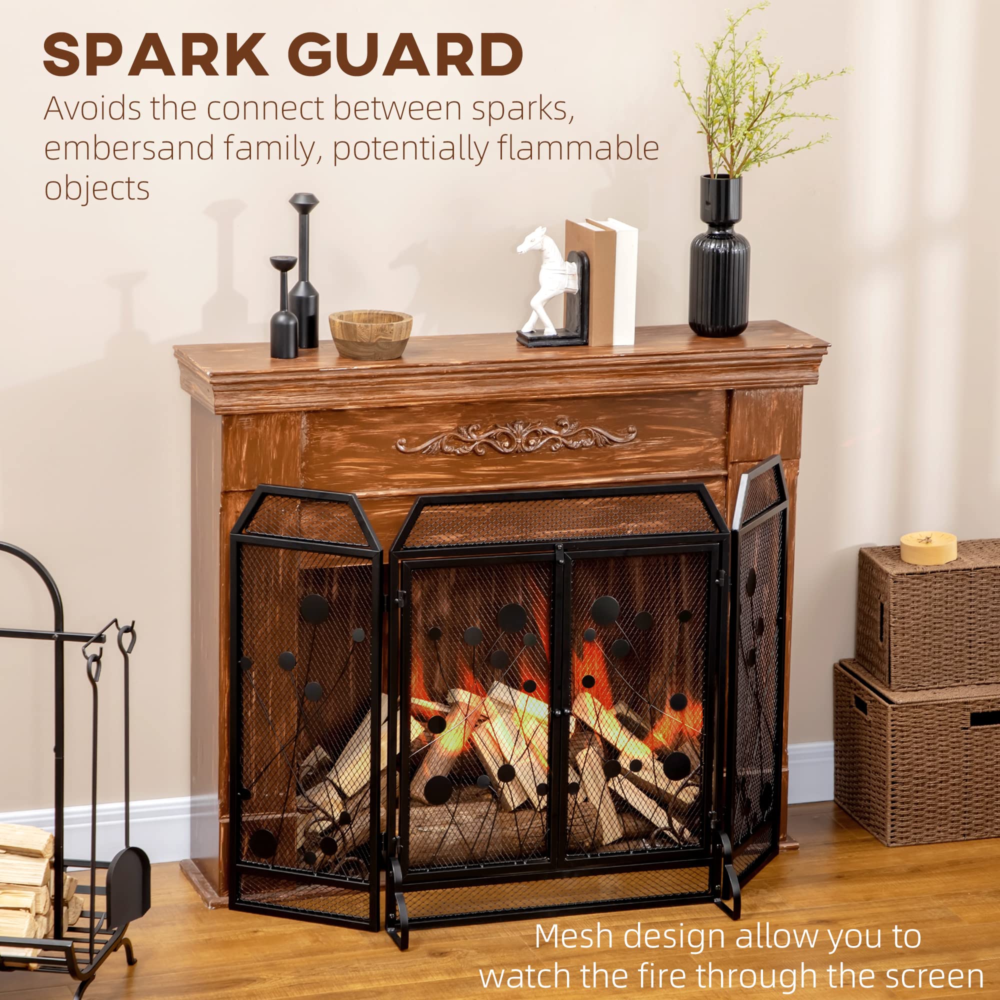 HOMCOM 3-Panel Metal Fireplace Mesh Screen Home Folded Steel Spark Protection with Magnetic Doors 49.25" x 31.5", Black