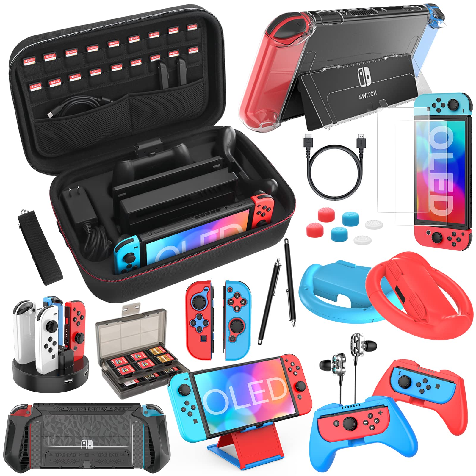 HEYSTOP 28 in 1 Switch OLED Accessories Bundle Compatible with Nintendo Switch OLED, Gift Kit with Carrying Case, Dockable Protective Case Covers, Screen Protector,Joycon Grip & More (Red&Blue)