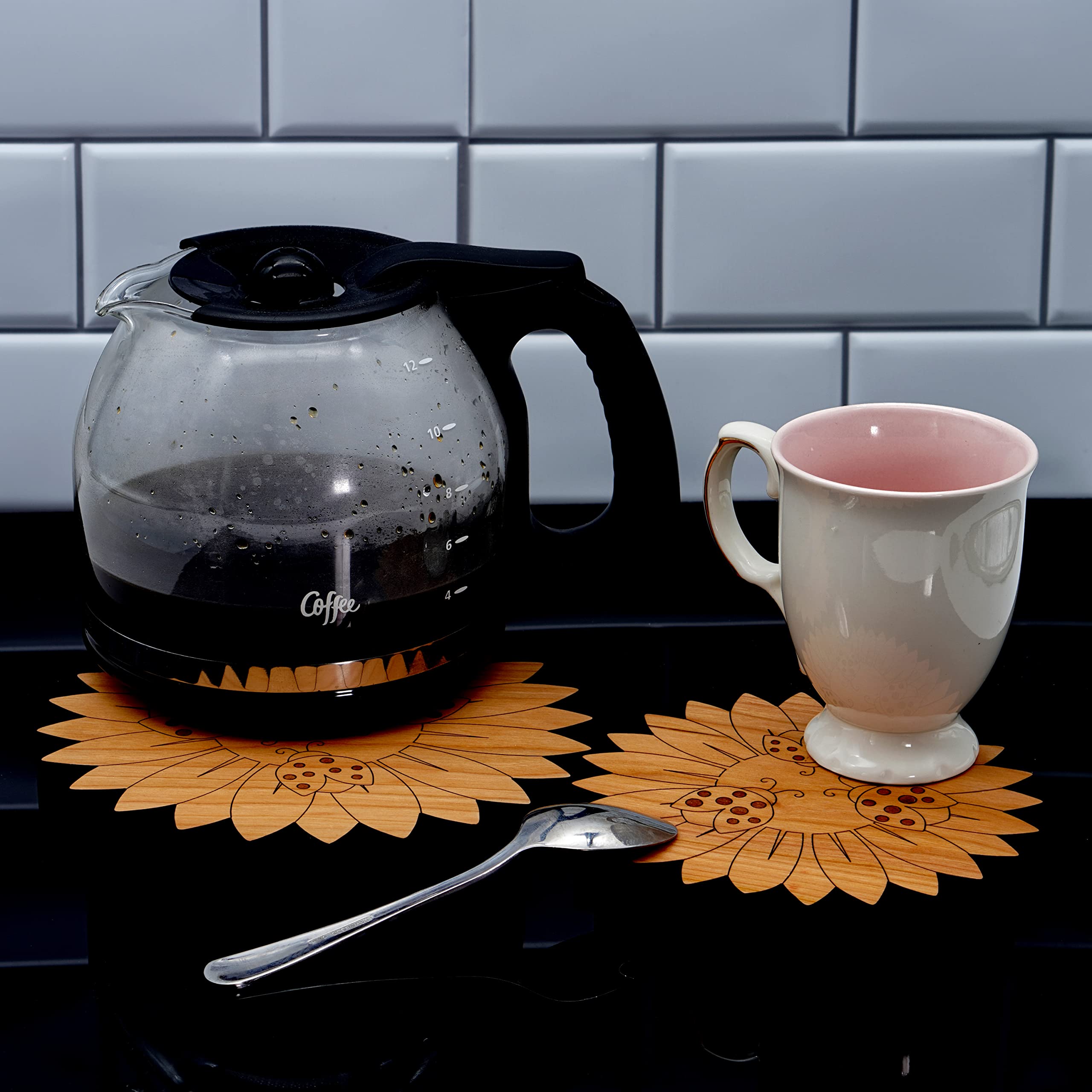 Ladybugs on a Sunflower Trivet - Hand Crafted in The USA From Solid Cherry Hardwood (6" Diameter Ladybug Trivet)