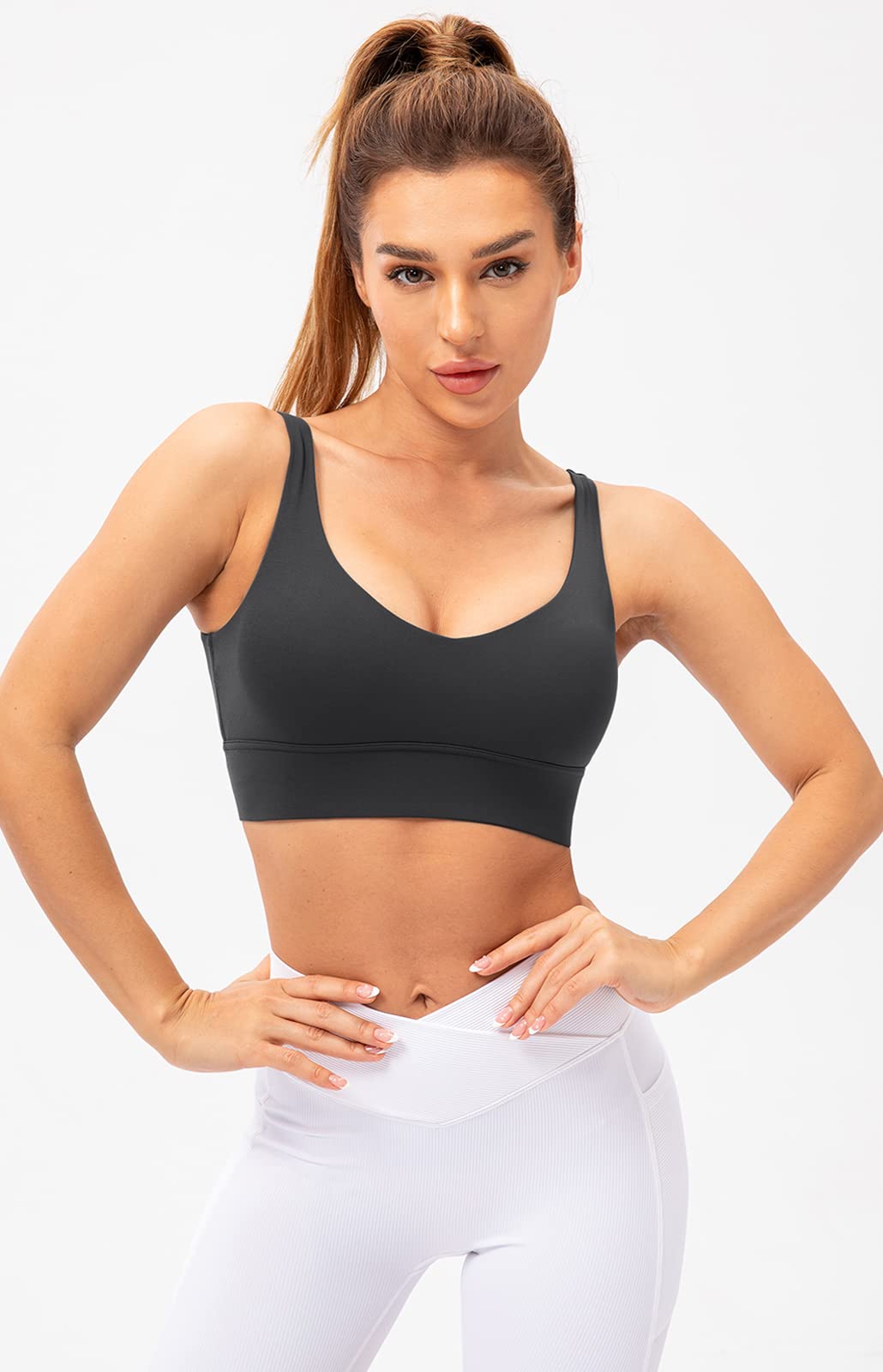 Lavento Women's V Neck Sports Bra Padded Workout Yoga Bras Top (Black, 6)
