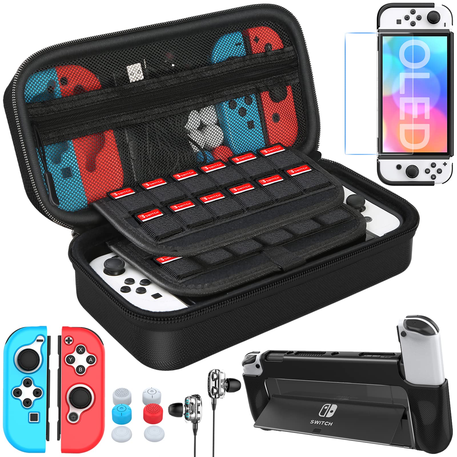 HEYSTOP Switch OLED Case for Nintendo Switch OLED Model, 12 In 1 Switch OLED Accessories Kit with Medium Carry Case, Dockable Protective Case, Screen Protector, Grip Cover, Headphones and Thumb Caps