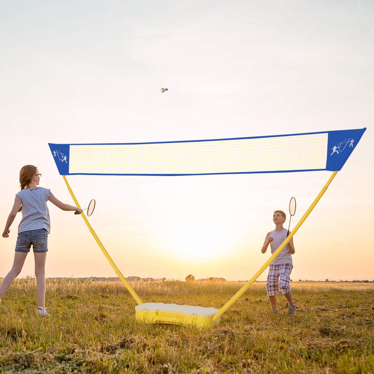 Goplus Portable Badminton Net Set, Volleyball Badminton Net with Storage Base, Rackets, Shuttlecocks, Freestanding Badminton Combo Set for Backyards, Beach, Family Outdoor Games (10FT- 4 Rackets)