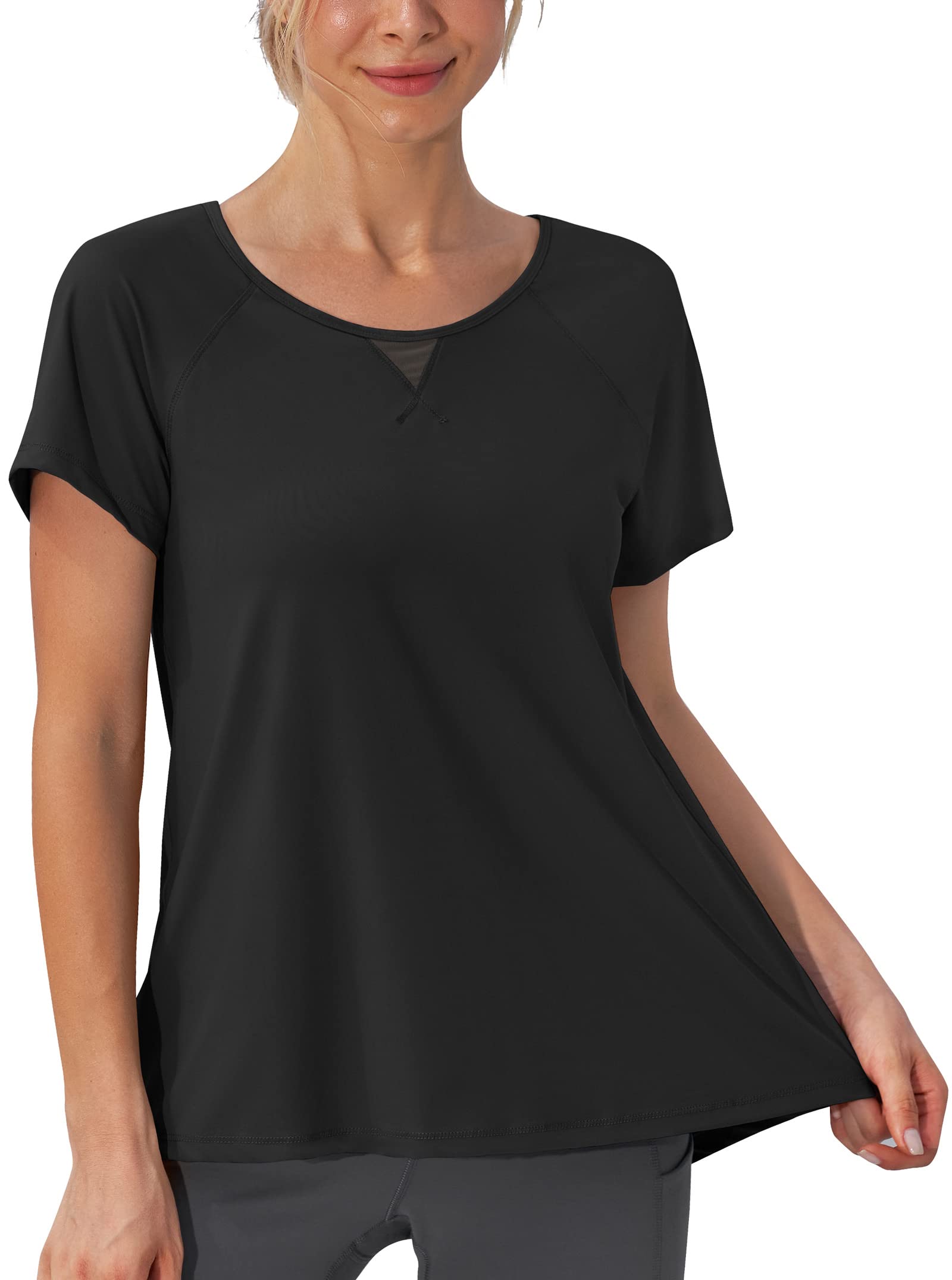 IUGA Open Back Workout Shirts for Women Summer Tops Short Sleeve Athletic Loose Fit Yoga Breathable Clothes Black