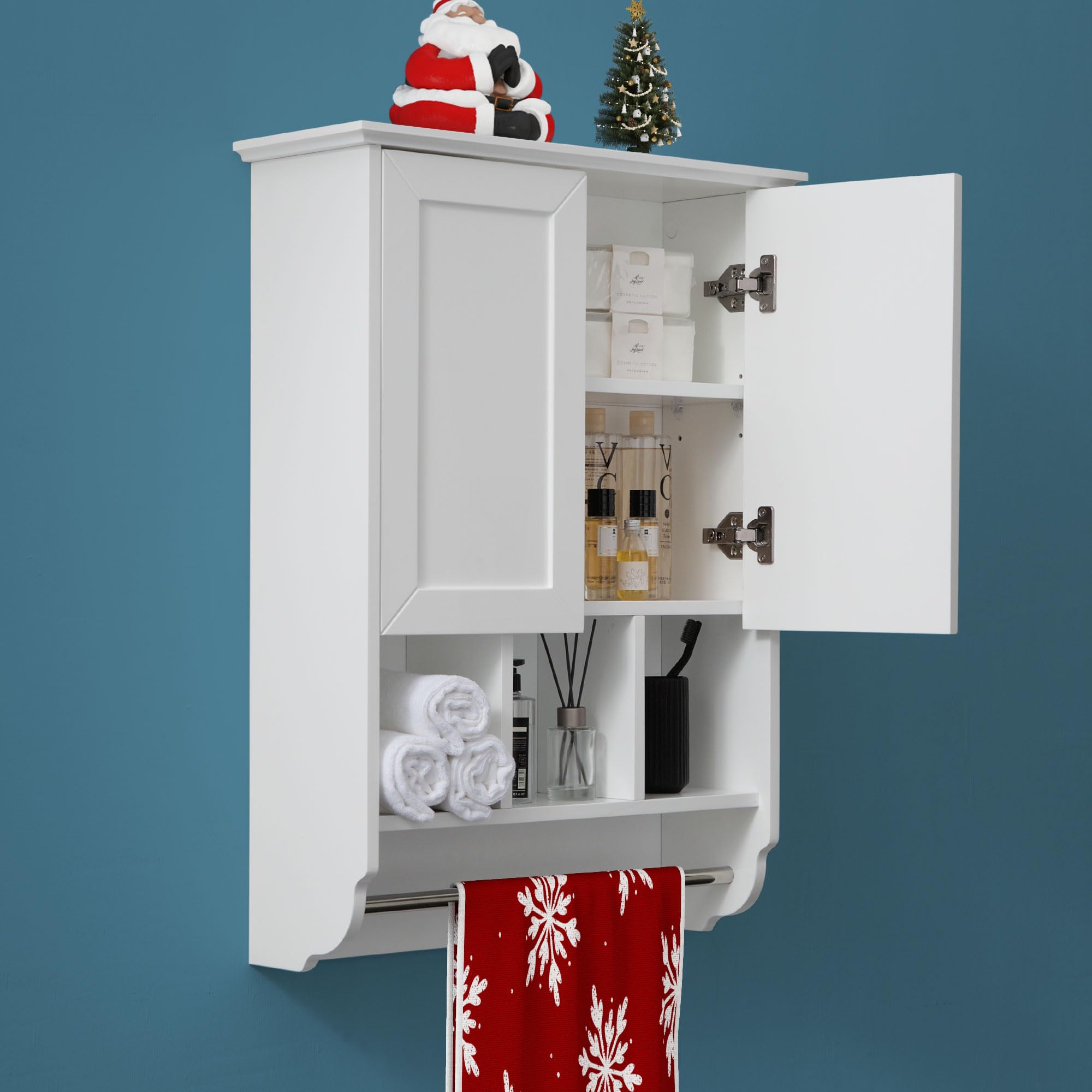 VANIRROR White Bathroom Wall Cabinet with Towel Bar,Wooden Medicine Cabinet Adjustable Shelves,23x32 Inch Kitchen Cabinet,Over Toilet Storage Cabinet for Bathroom,Kitchen,Laundry