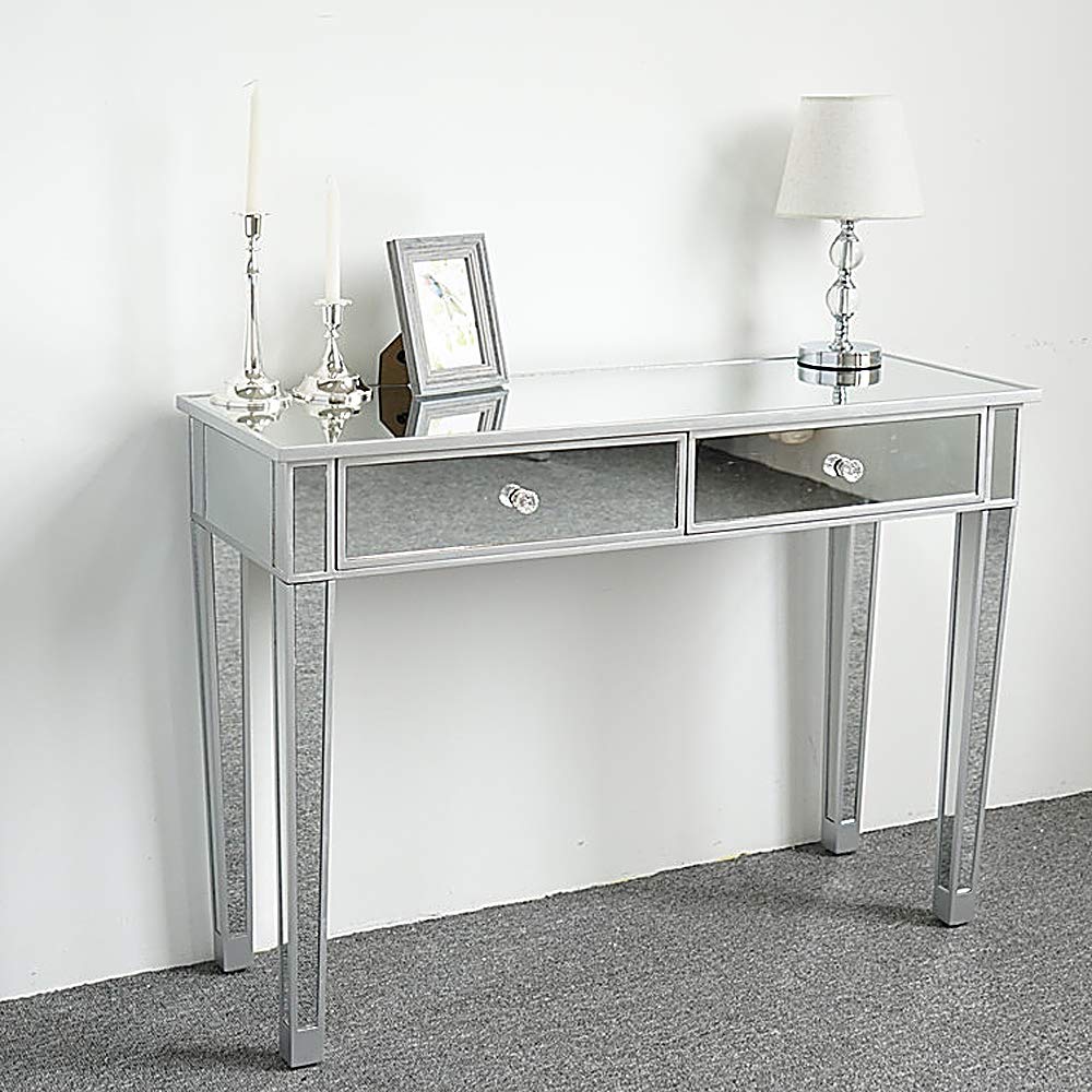 Goujxcy Mirrored Makeup Table Desk,Home Office Smooth Silver Finish Vanity Dressing Table for Women with 2 Drawers Writing Desk Modern Media Console Table