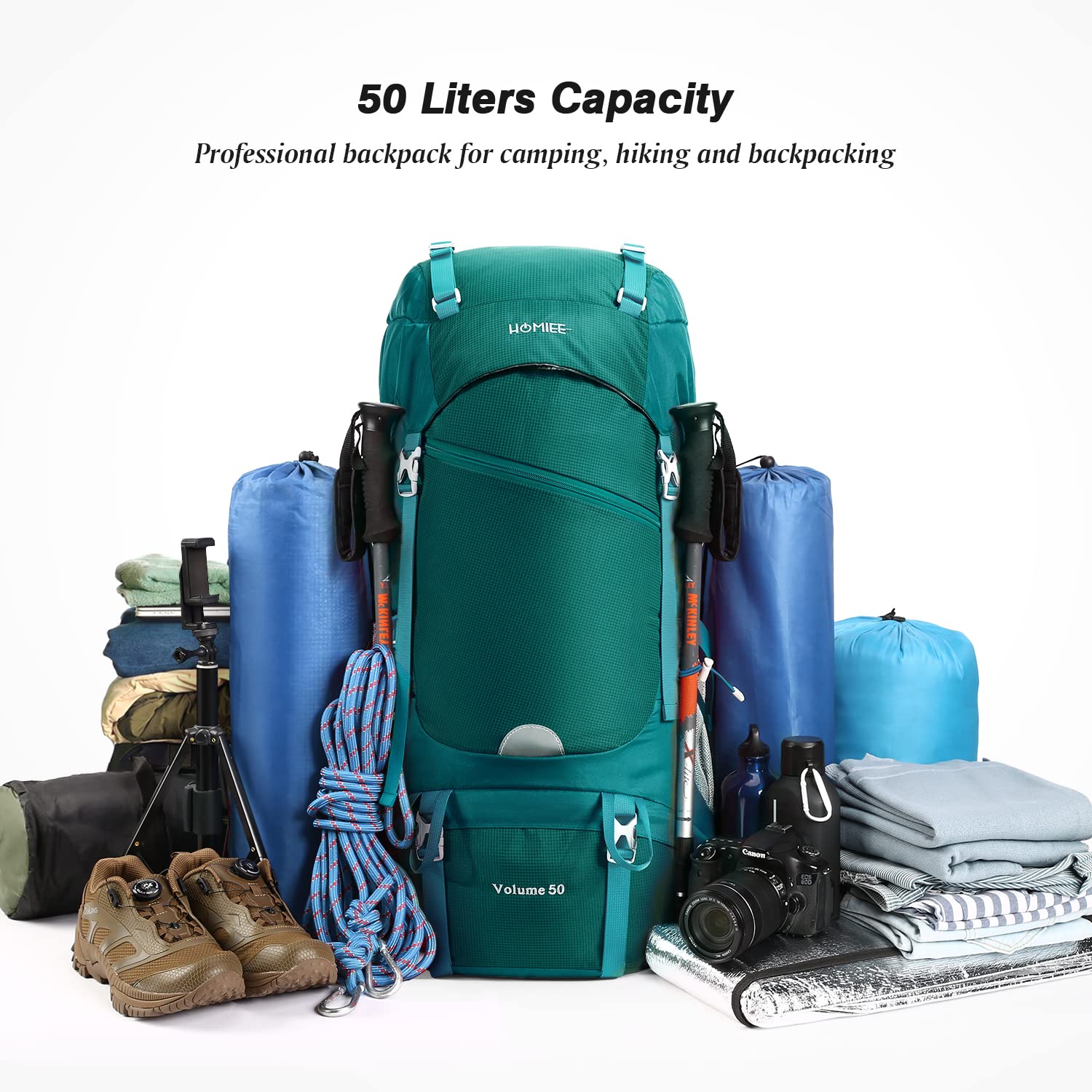 HOMIEE 50L Hiking Backpack Travel Bag Waterproof Camping Backpack with Rain Cover Lightweight Backpacking Backpack Rucksack