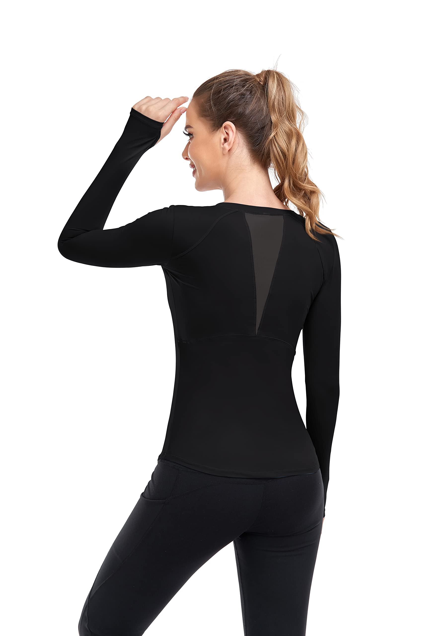 Jusfitsu Long Sleeve Workout Shirts for Women Stretchy Athletic Tshirts Slim Fit Breathable Running Tops Mesh Back L Black