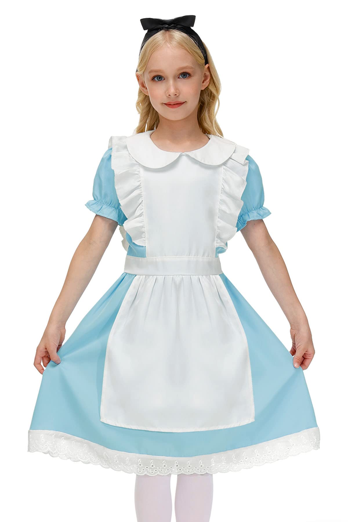 Halloween Child Girls Alice Outfit Puff Sleeve Casual Ruffle Trim Midi Dresses with Headband Blue 10 Years