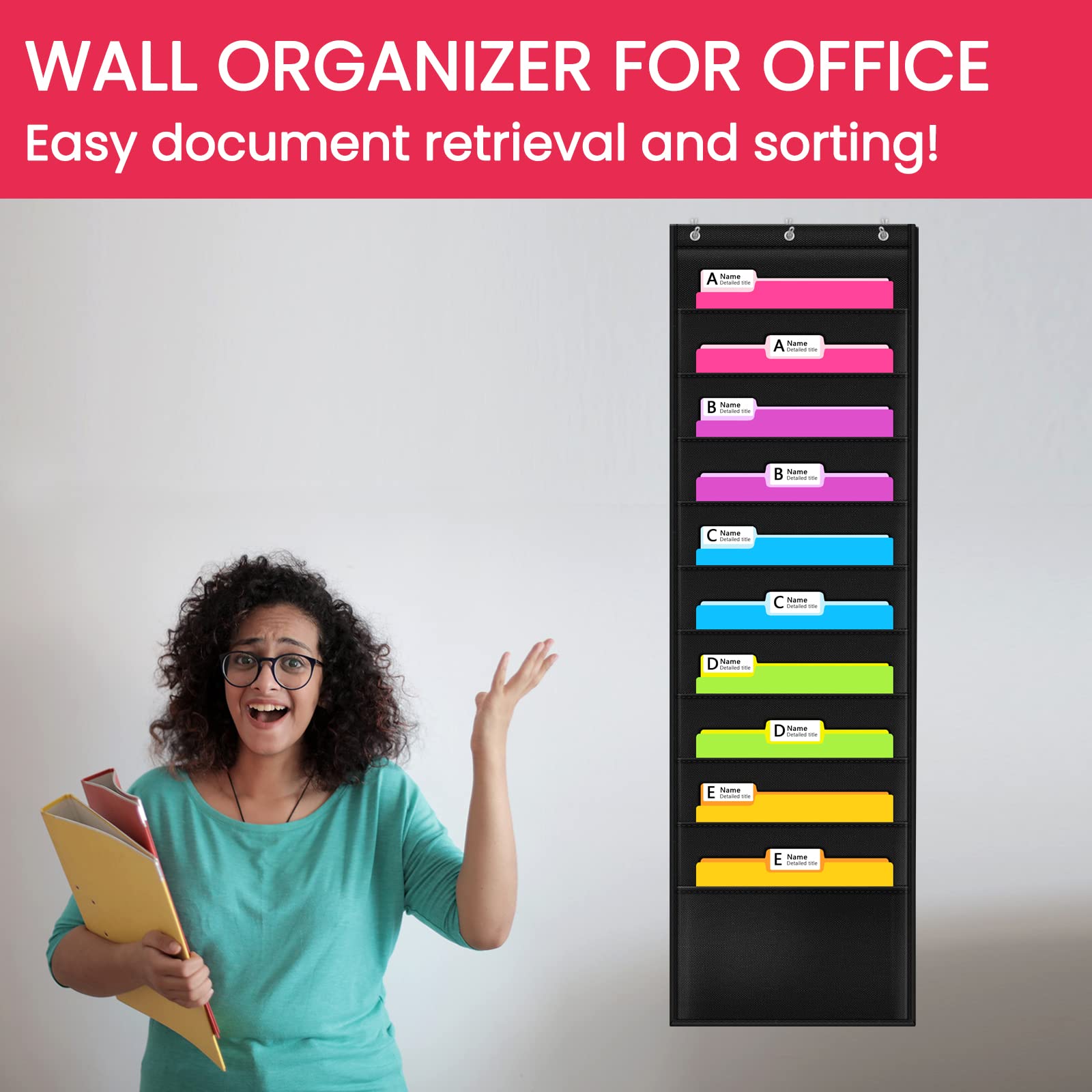 Godery Premium Hanging File Folder Organizer, 10 Pockets, & 3 Hangers Cascading Wall Organizer,Perfect for Home Organization, School Pocket Chart, Office Bill Filing. Wall or Over Door Mount