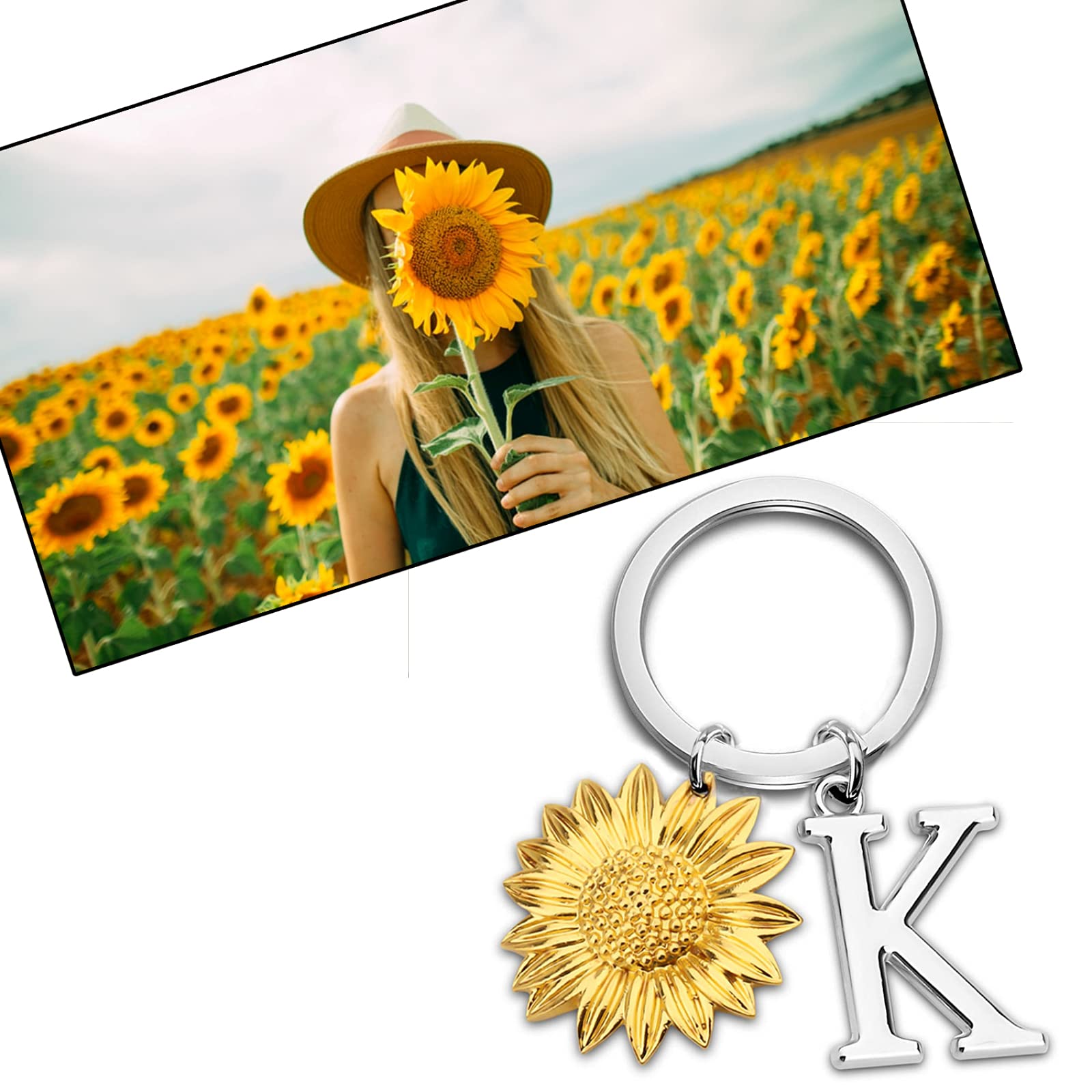 Gzrlyf Sunflower Keychain with Letter Charm Initial Gifts(K)