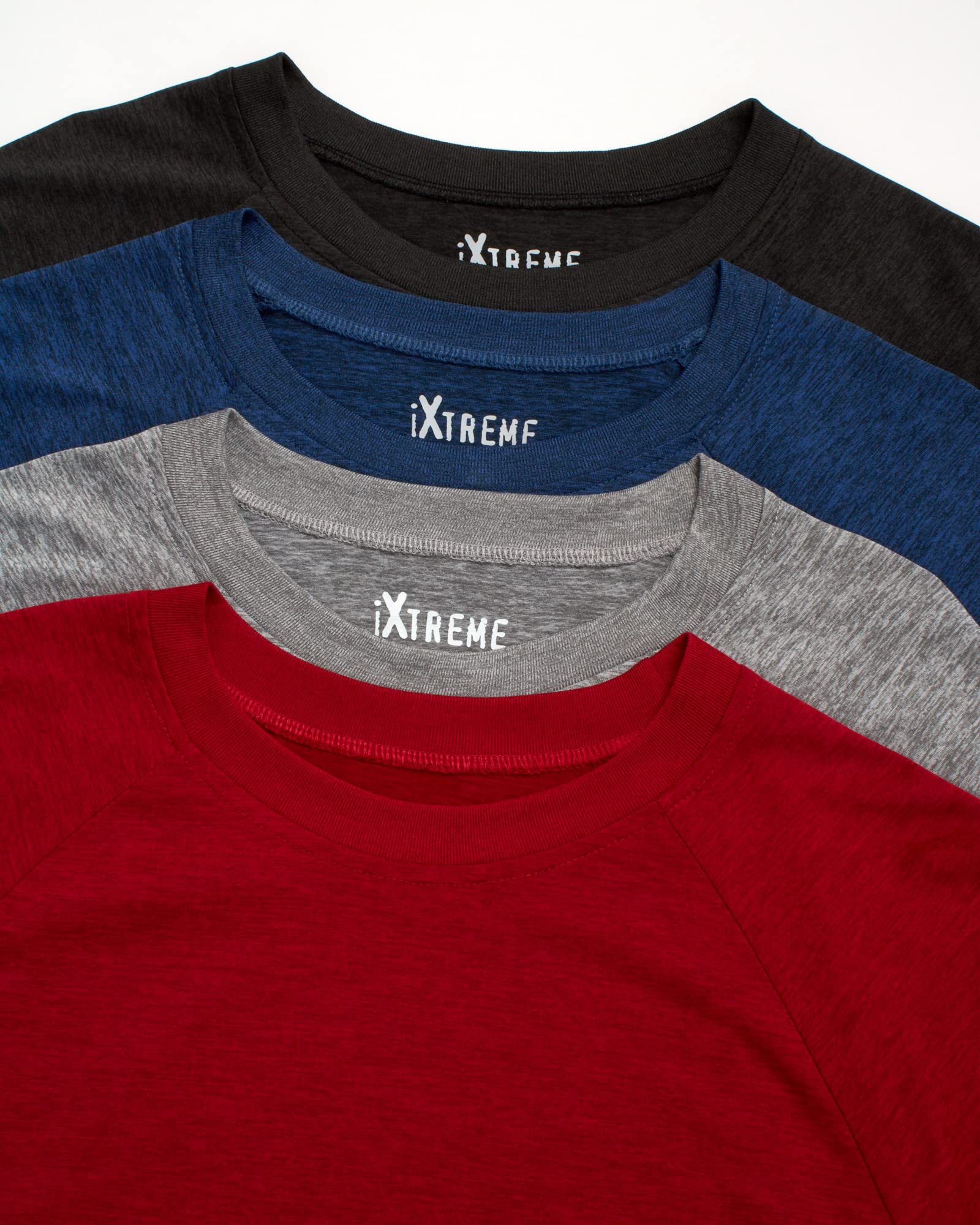 iXtreme Men’s Active T-Shirt - 4 Pack Performance Dry-Fit Long Sleeve Sports Tee - Athletic Workout Shirt for Men (S-3X), Size Large, Black/Red/Blue/Grey Marble