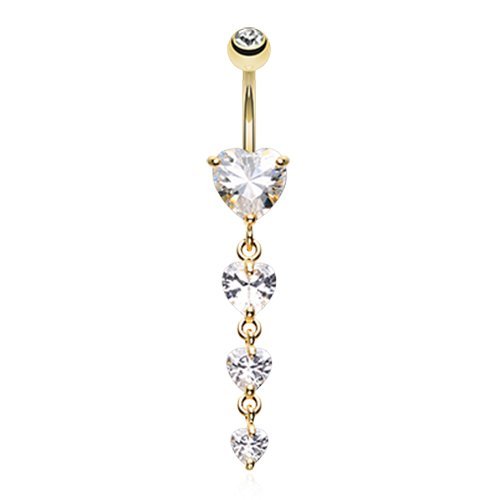 Golden Sparkiling Heart Cascade Belly Button Ring Gold Plated 316L Surgical Steel