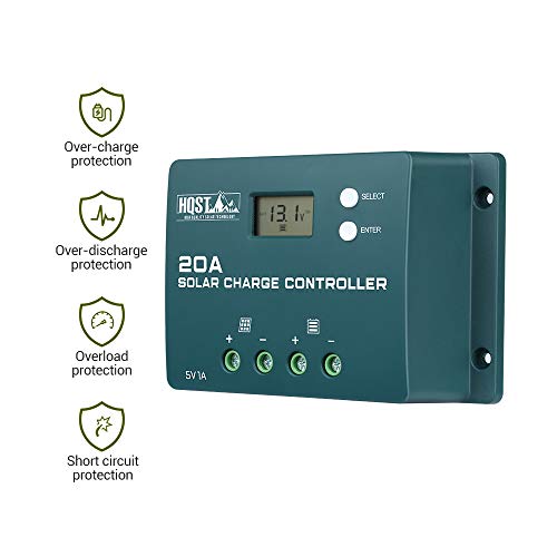 HQST 20A Charge Controller PWM 12V/24V Positive Ground Solar Panel Controller with LCD Display USB Port Overload Protection, Compatible with Gel, Flooded and Sealed Lead Acid/AGM Batteries