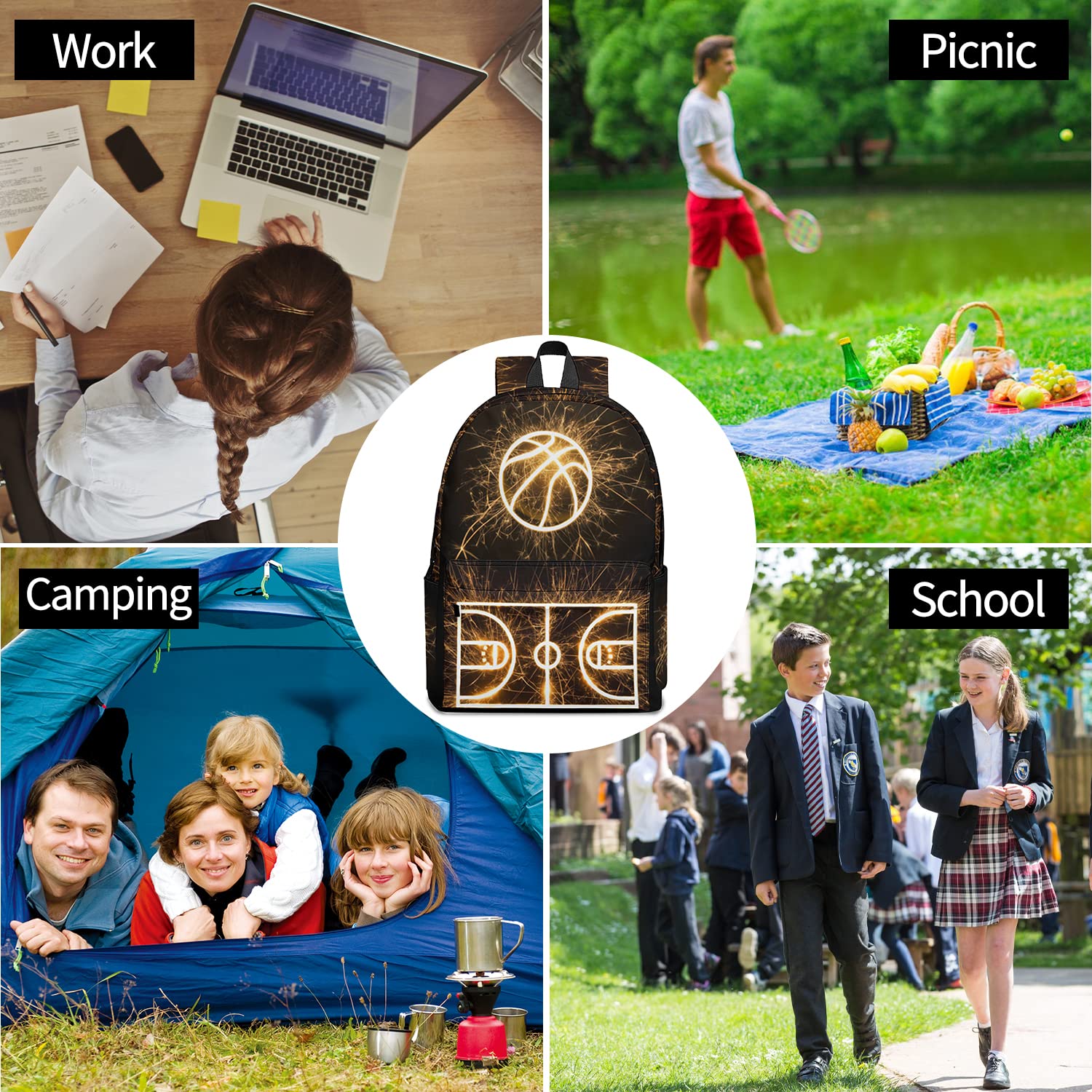 Gsobvpe Backpack for Boys & Girls, Lightweight 17 Inch Bookbag with Bottle Side Pockets for Picnic, Camping (BP-basketball)