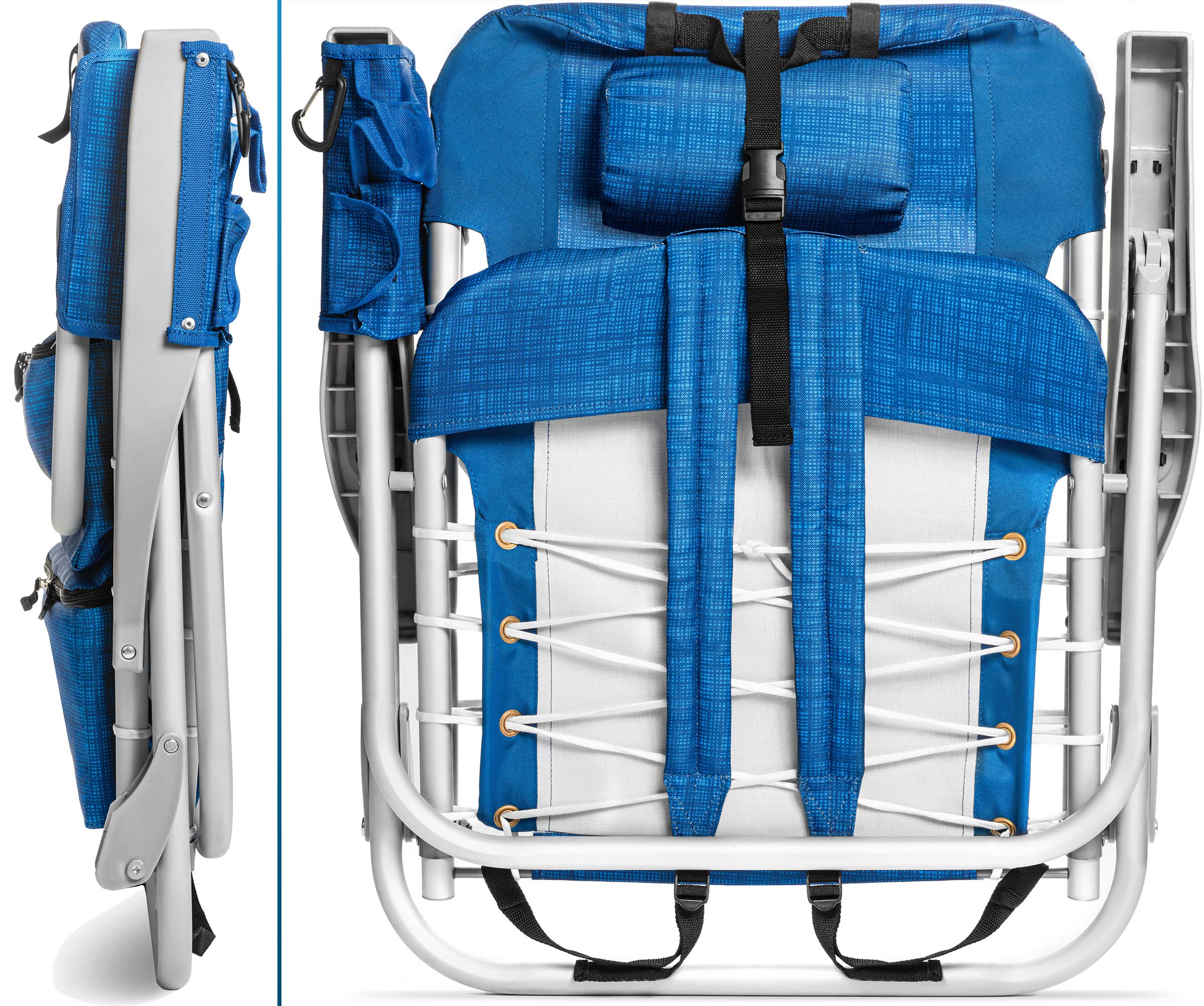 Homevative Folding Backpack Beach Chair with 5 Positions, Towel bar, Cooler Pouch, Storage Pouch, Cup Holder and Phone Holder