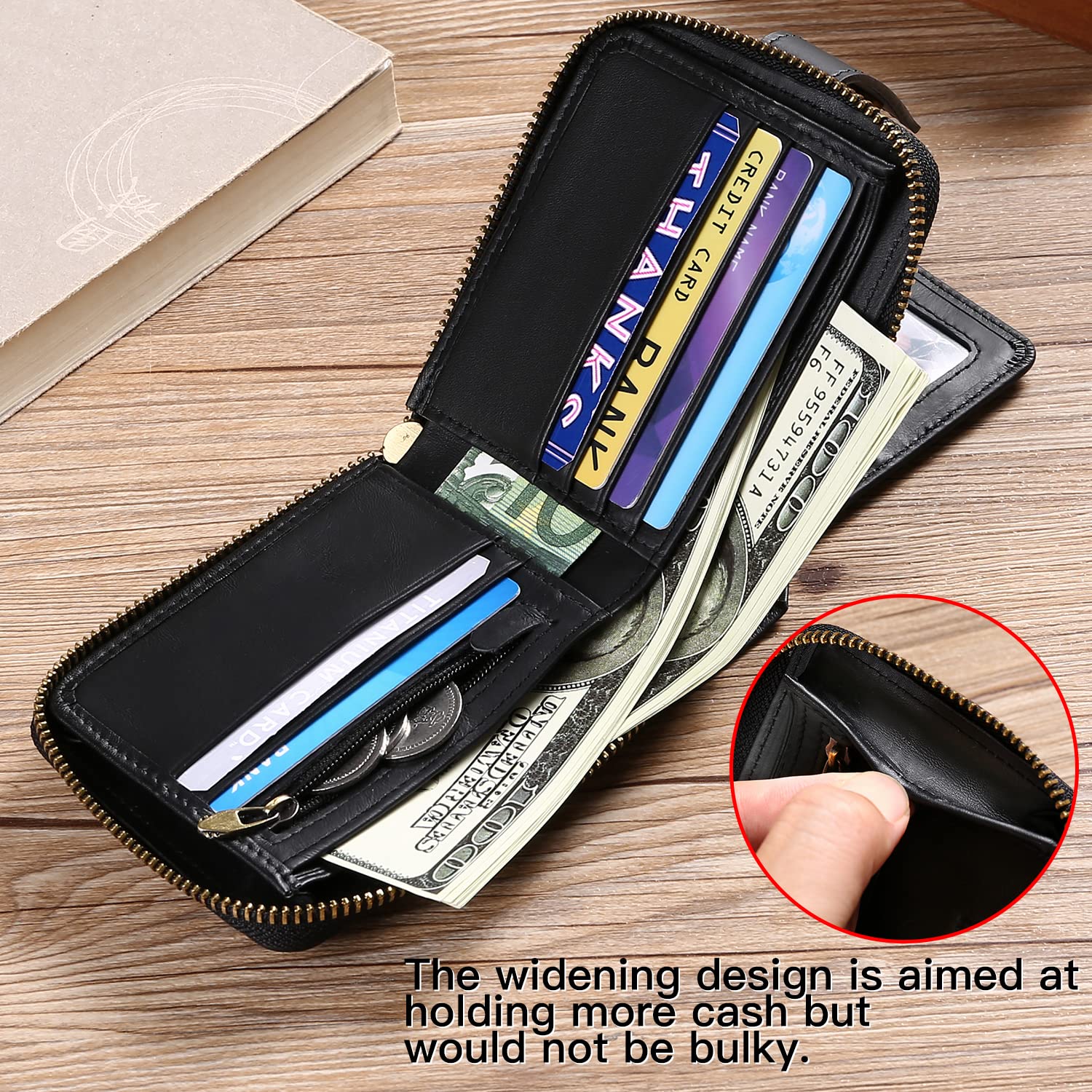 GOIACII Genuine Leather Wallet for Men RFID Blocking Men Wallet with Zipper Coin Pocket ID Window