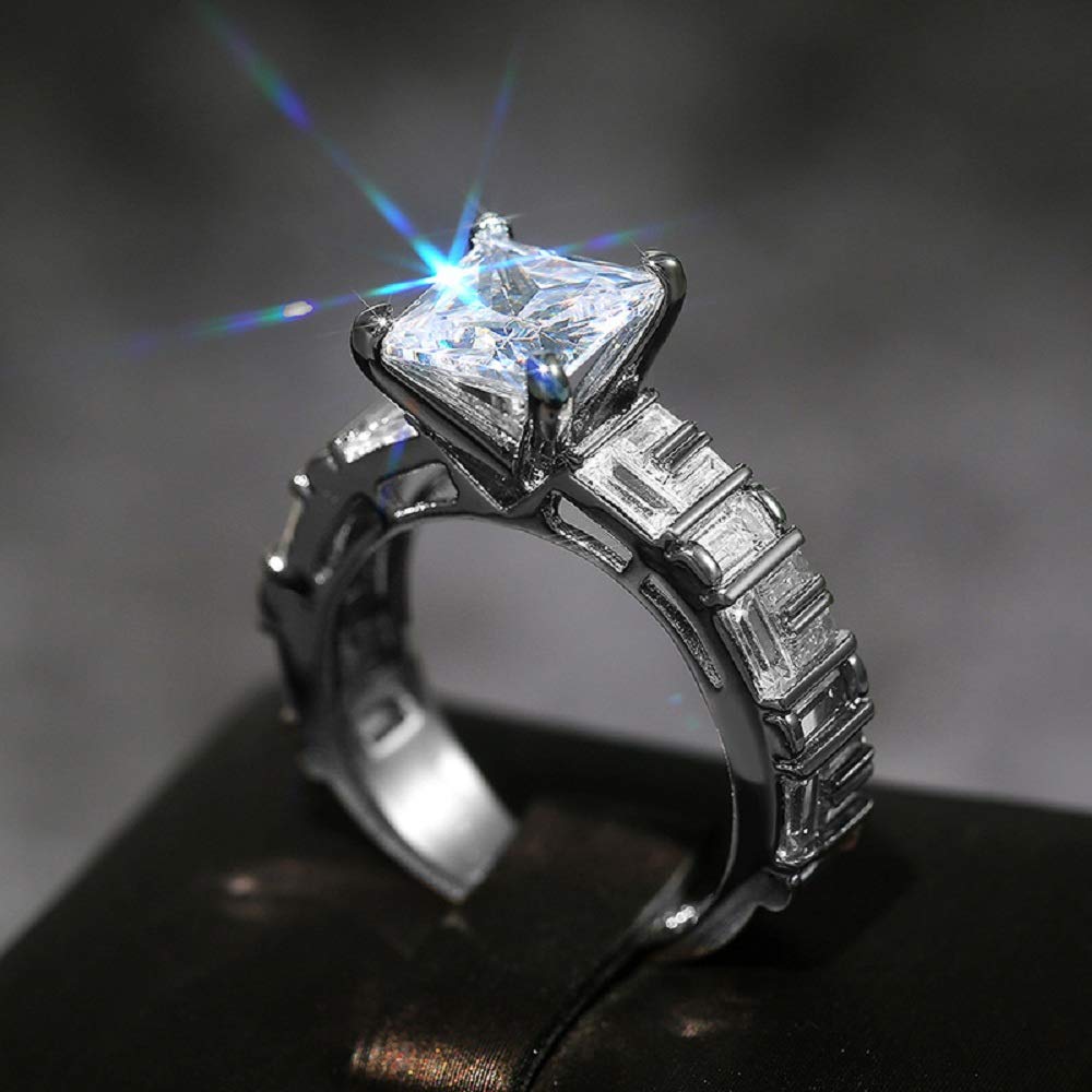 GUIDECUN Princess Cut Simulated Diamond Ring, French Baguette Emerald Cut Side StoneCubic Zirconia Stone Promise Engagement Ring for Women (US Size 6)