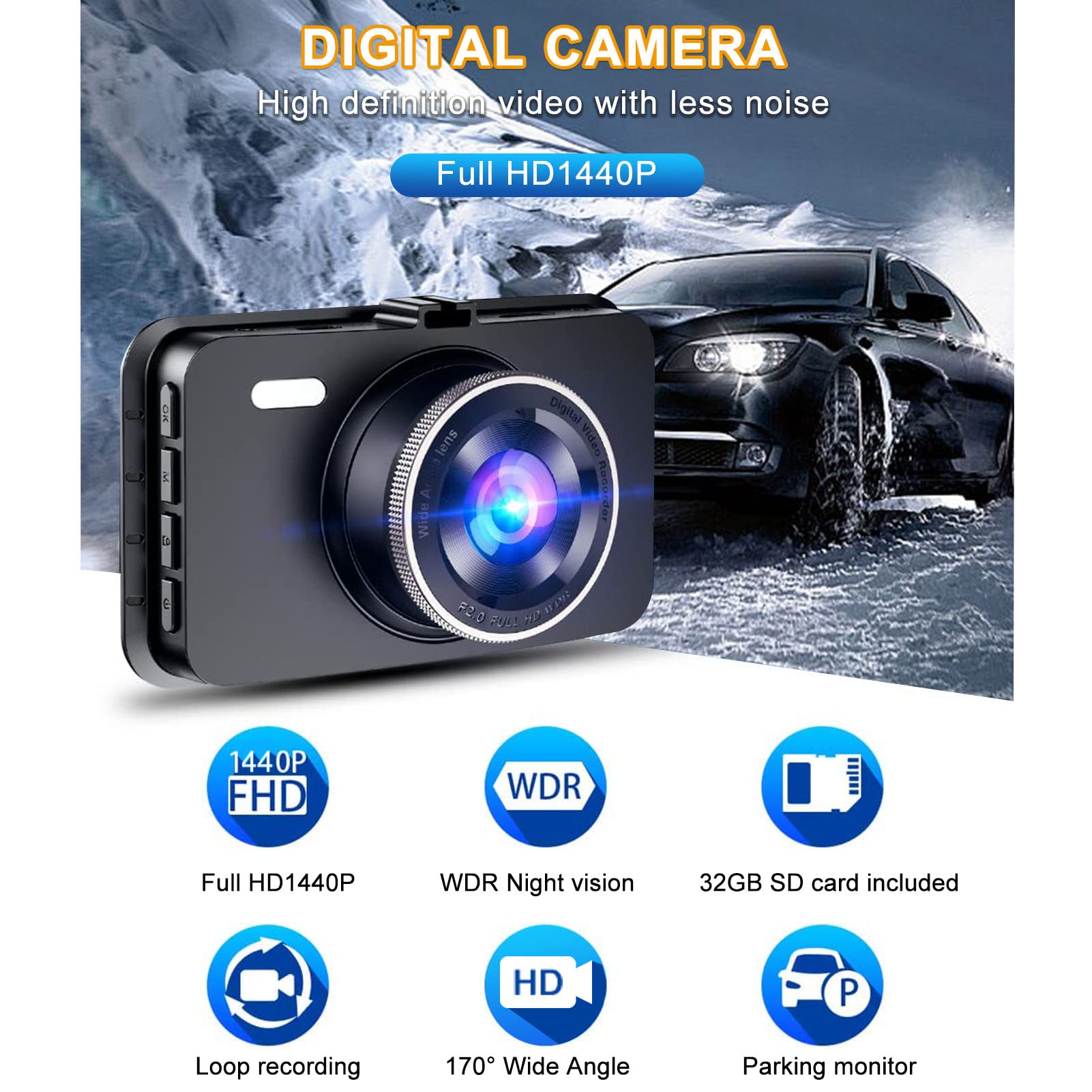 Korlagh Dash Cam Full HD 1440P Dash Camera for Cars 170° Wide Angle 3.5" LCD Screen, WDR,Parking Monitor ,Super Night Vision Loop Recording Motion Detection Dashboard Camera
