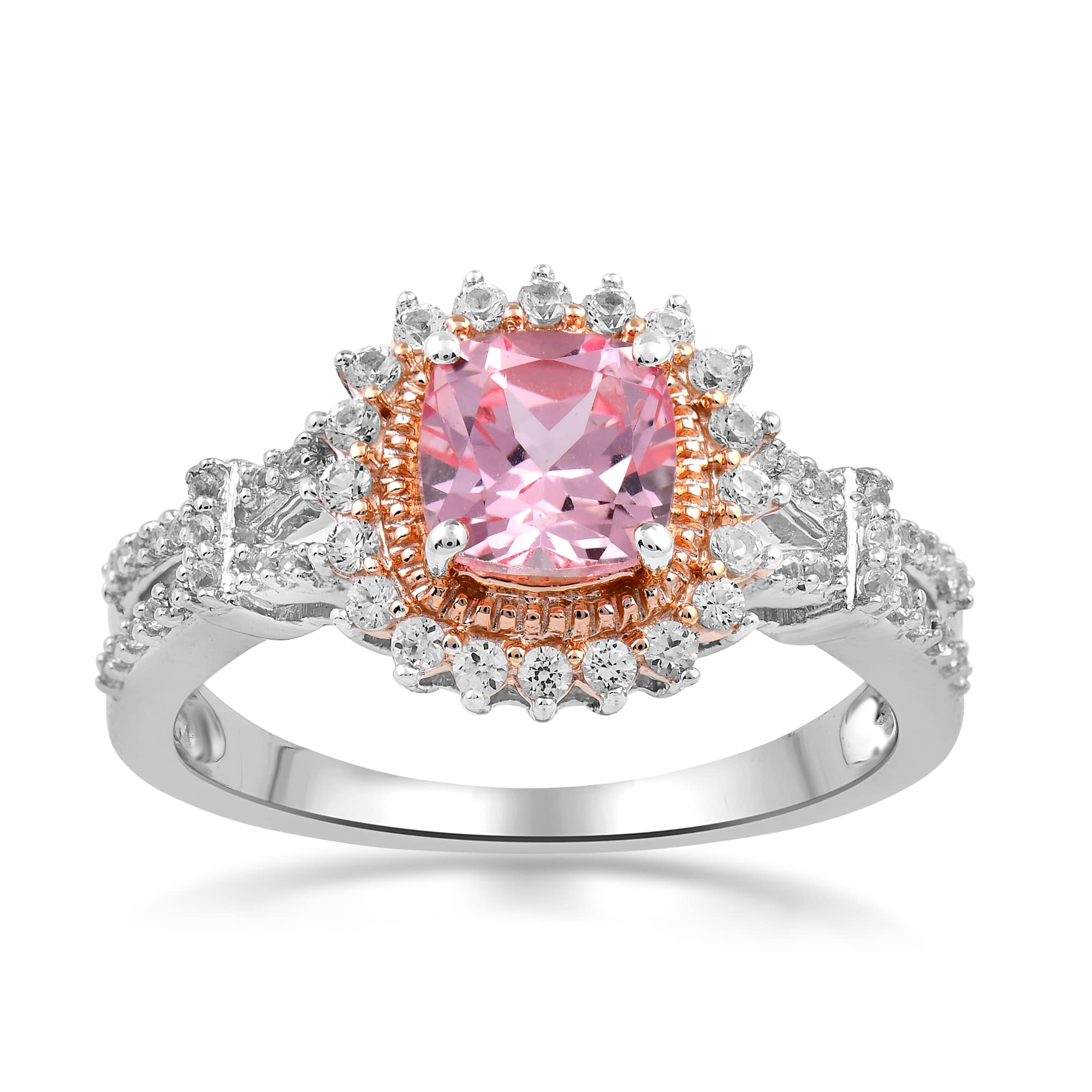 Jewelili Rose Gold Over Sterling Silver 6x6 MM Cushion Cut Created Morganite and Created Round White Sapphire Halo Engagement Ring, Size 7