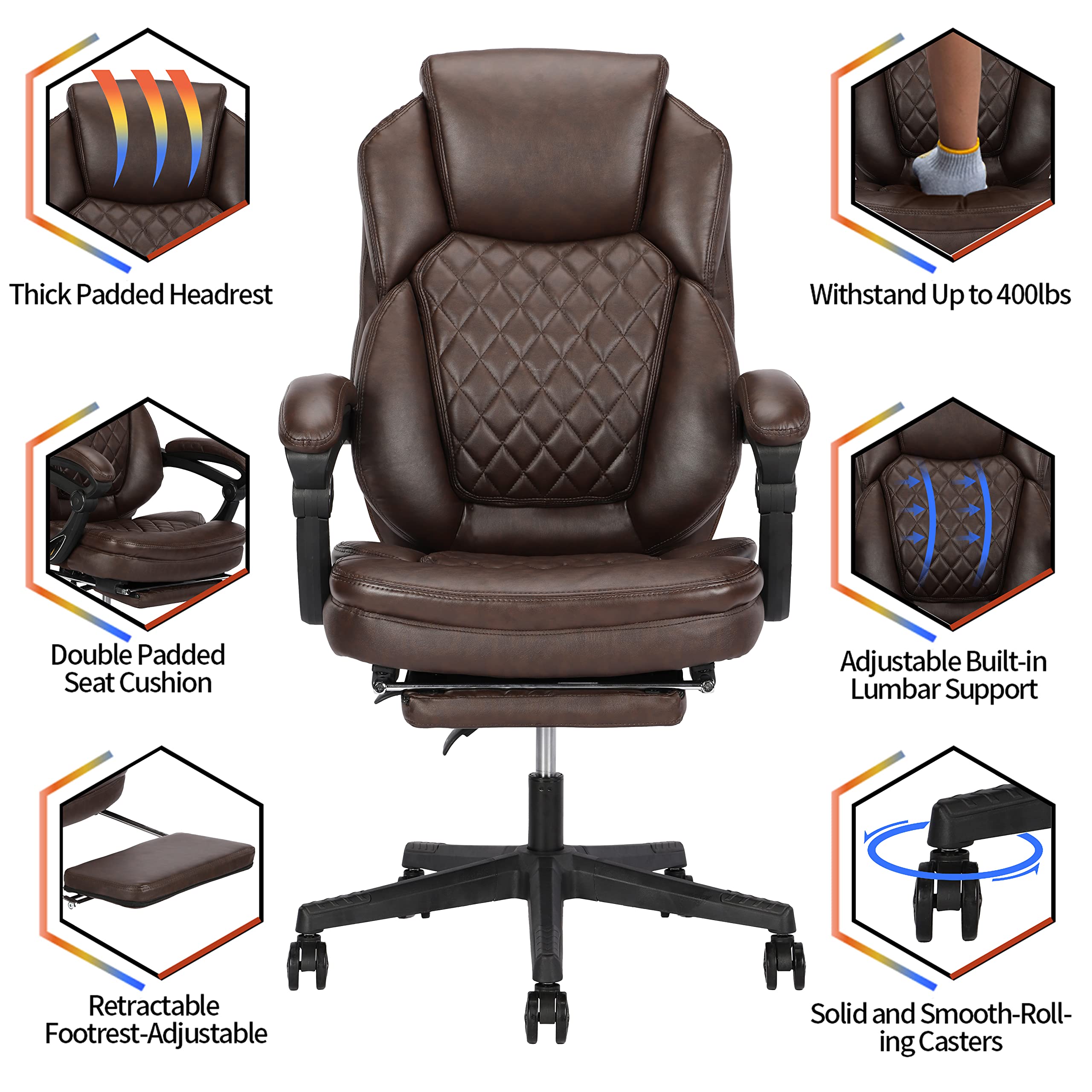 Kasorix Executive Office Chair with Auto Linked Armrests Home Office Chair Brown Big and Tall Office Chair Rolling Swivel PU Leather Chair 400 Pound