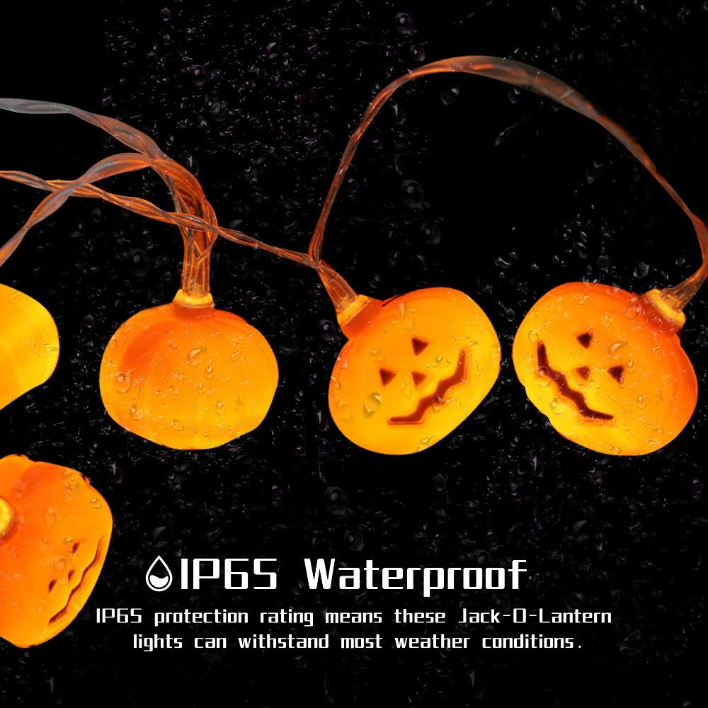 Halloween Pumpkin Lantern String Lights - 2 Packs 15 Ft 30 LED Jack-O-Lantern Pumpkin Light, Outdoor Waterproof Battery-Powered, Pumpkin Halloween Decorations for Patio, Garden, Yard, 8 Modes