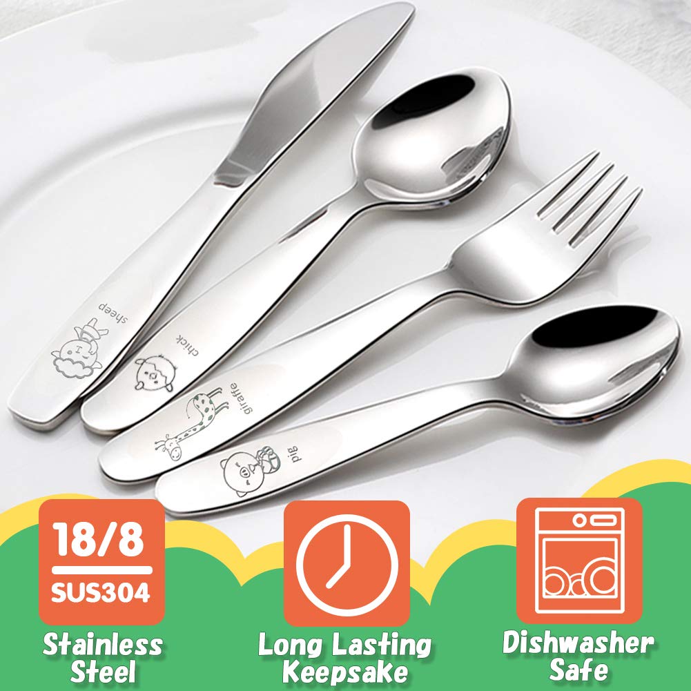 Kids Silverware Set Toddler Utensils 18/8 Stainless Steel 4PCS Fork Spoon and Knife Cutlery Child Flatware for Age 3+