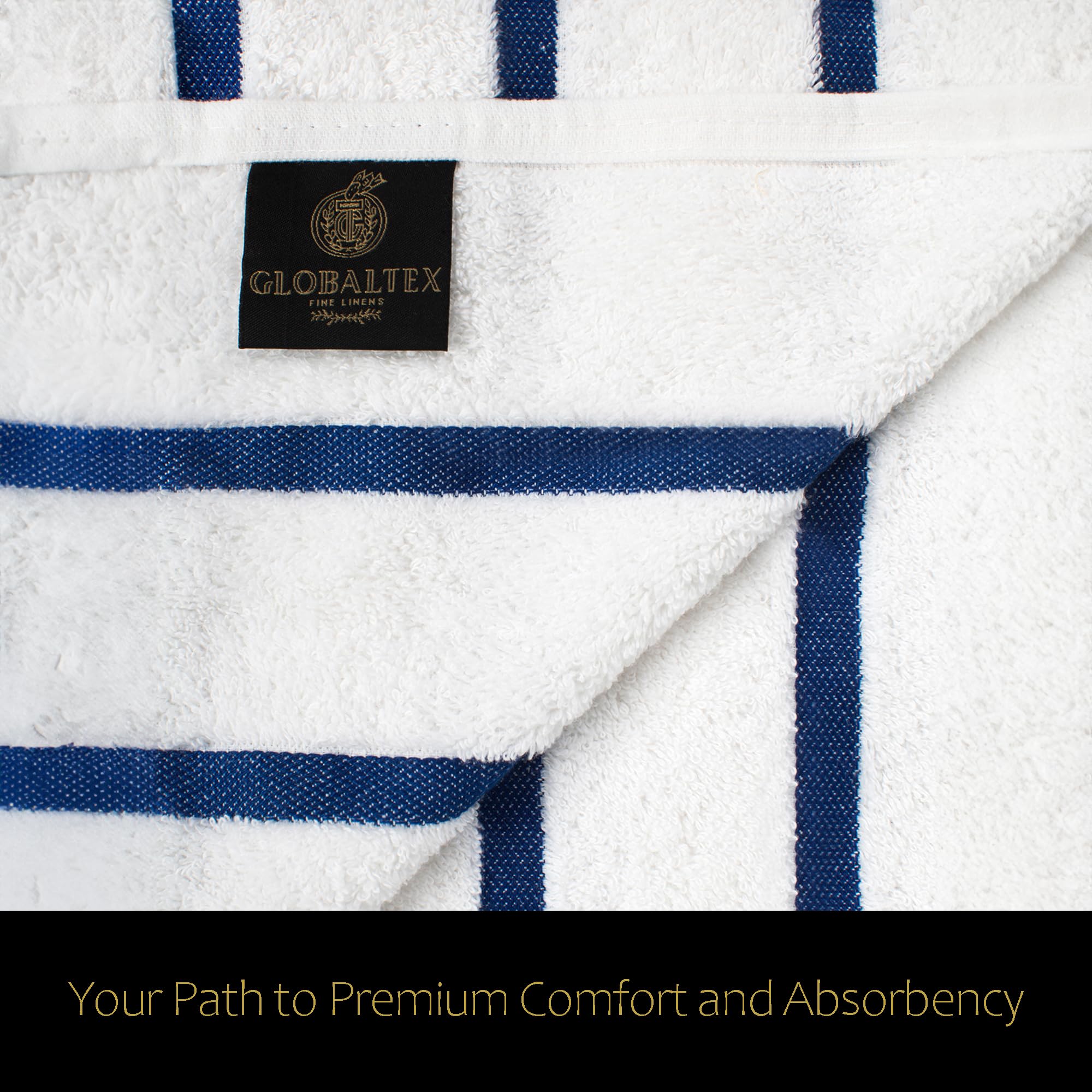 GT Globaltex Fine Linens 100% Turkish Cotton Premium Pool and Beach Towel Highly Absorbent Quick Dry Blue Striped 32" x 64" 500 GSM (1 Piece)