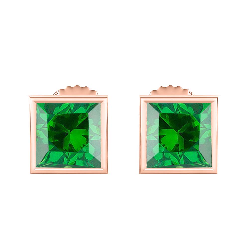 Gold & Diamonds Jewellery Bezel Set Princess Cut Created Green Emerald (3MM) Solitaire Stud Earrings 14K Rose Gold Over .925 Sterling Silver