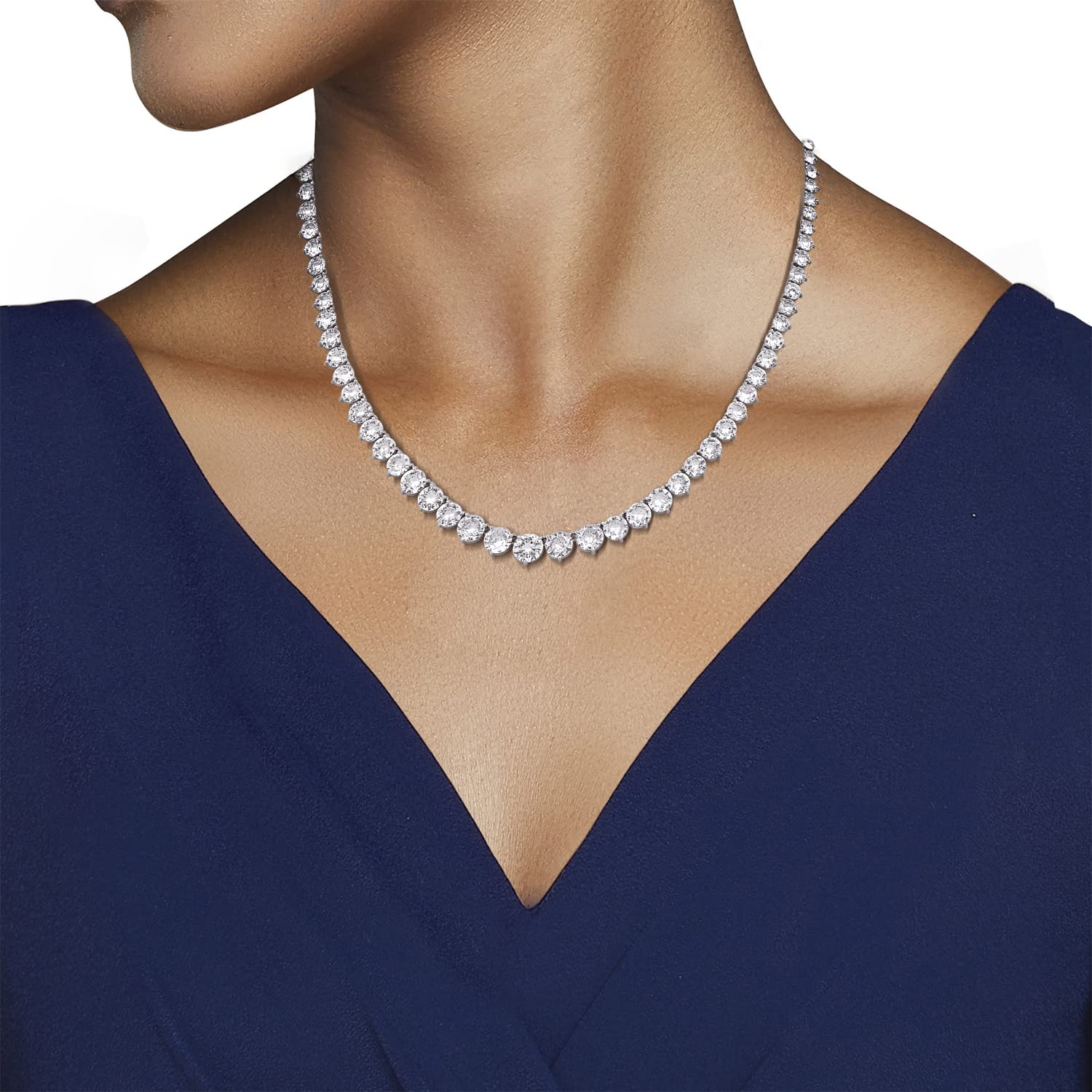 Jewelili Sterling Silver Round Cubic Zirconia Classic Tennis Necklace 16 Inches