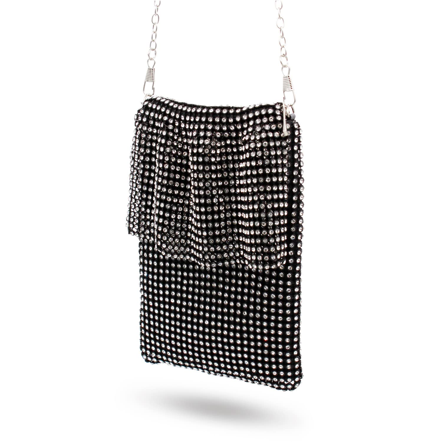Lavencious Small Bling Crystal Crossbody Evening Bag, Metal Mesh Cell Phone Purse Wallet, Handbag - Black