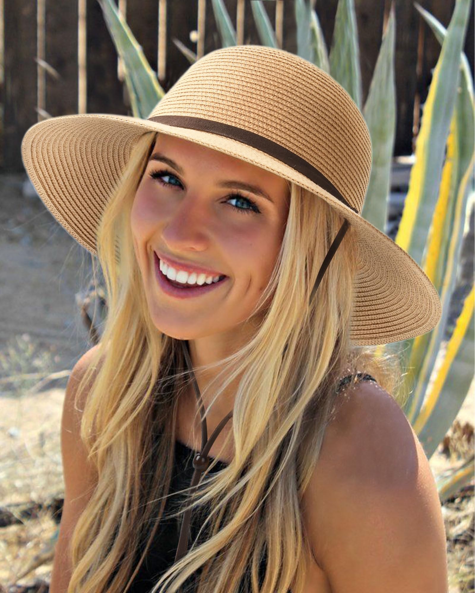 FURTALK Womens Wide Brim Sun Hat with Wind Lanyard UPF Summer Straw Sun Hats for Women A-Khaki