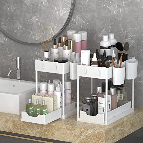 SUPPNEED 2-Tier Under Sink Organizer and Storage,Sliding Under Bathroom Cabinet Storage Drawer Organizer with Hooks, Hanging Cups, Multi-purpose Under Sink Shelf Organizer, White, 2 Pack