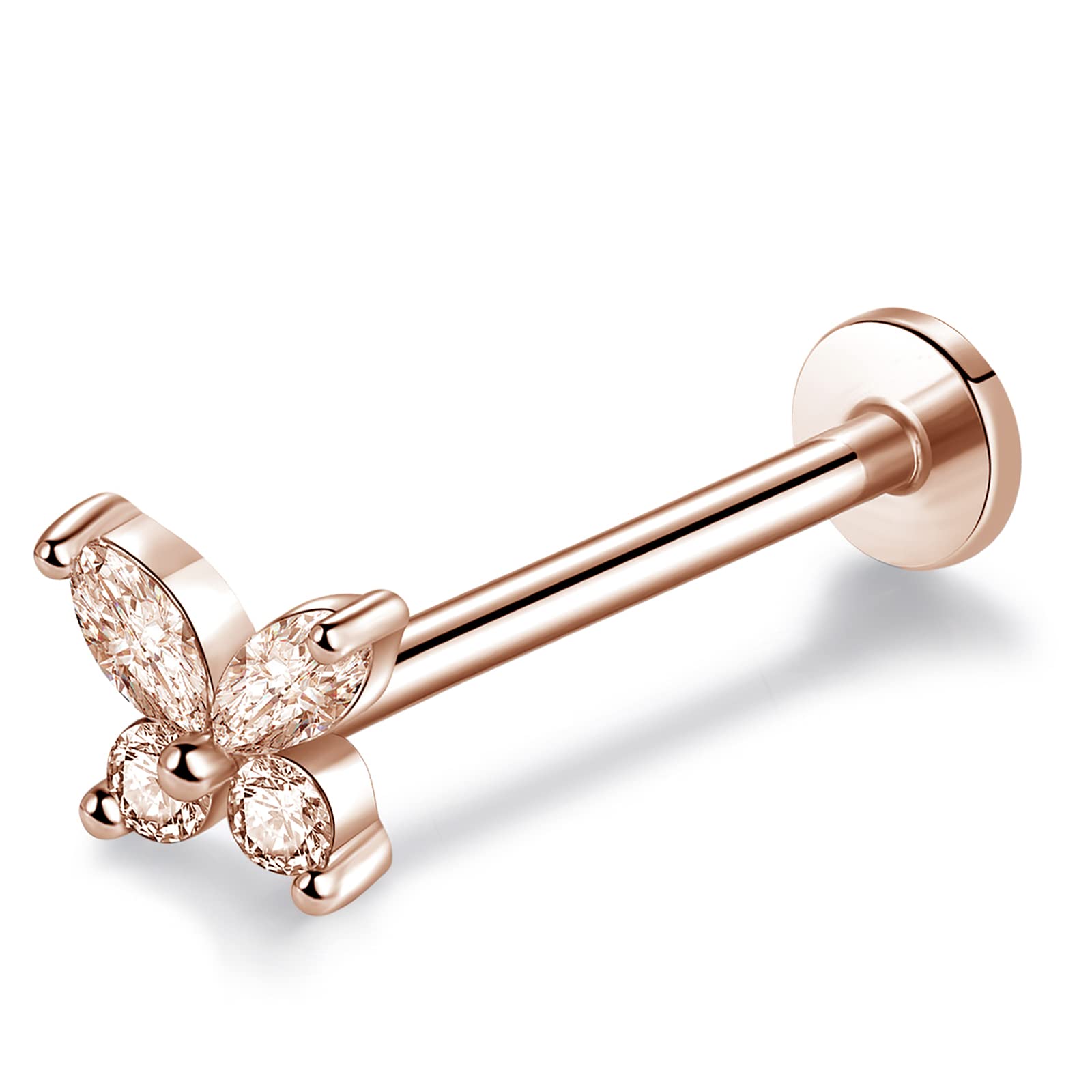 JINSAWW 16G Butterfly Internally Threaded CZ Labret Stud Stainless Steel Ear Cartilage Helix Tragus Conch Flat Back Piercing Stud Body Jewelery