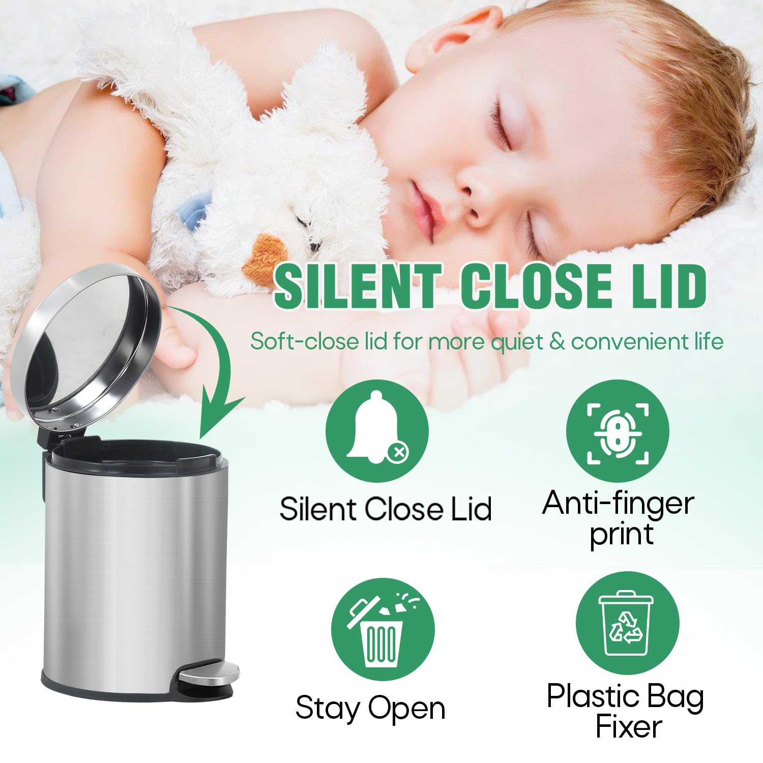 Stainless Steel Round Metal Step Garbage Bin Bathroom Trash Can 6 Liter/1.6 Gallon Small Garbage Can Trashcan with Lid Step Pedal, Removable Inner Bucket Wastebasket for Kitchen Office(2)