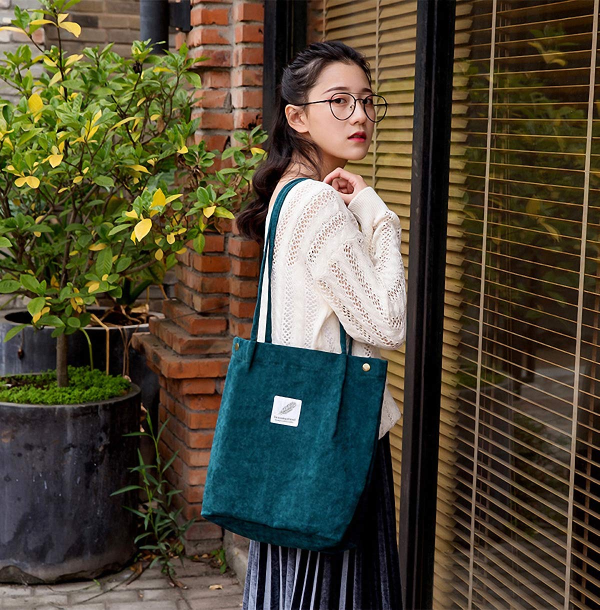 GuaziV Canvas Tote Bag Zipper School Shoulder Bag (Green)