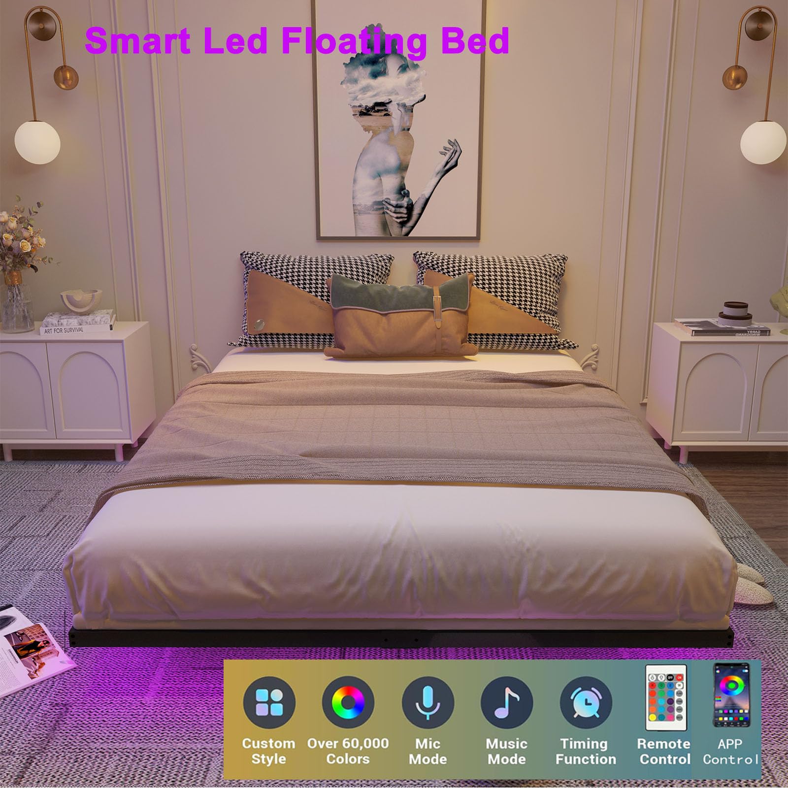 Muluflower Floating Bed Frame Cal King Size with LED Lights, Metal Platform Bed Frame, No Box Spring Needed, Easy Assembly, (Cal King)
