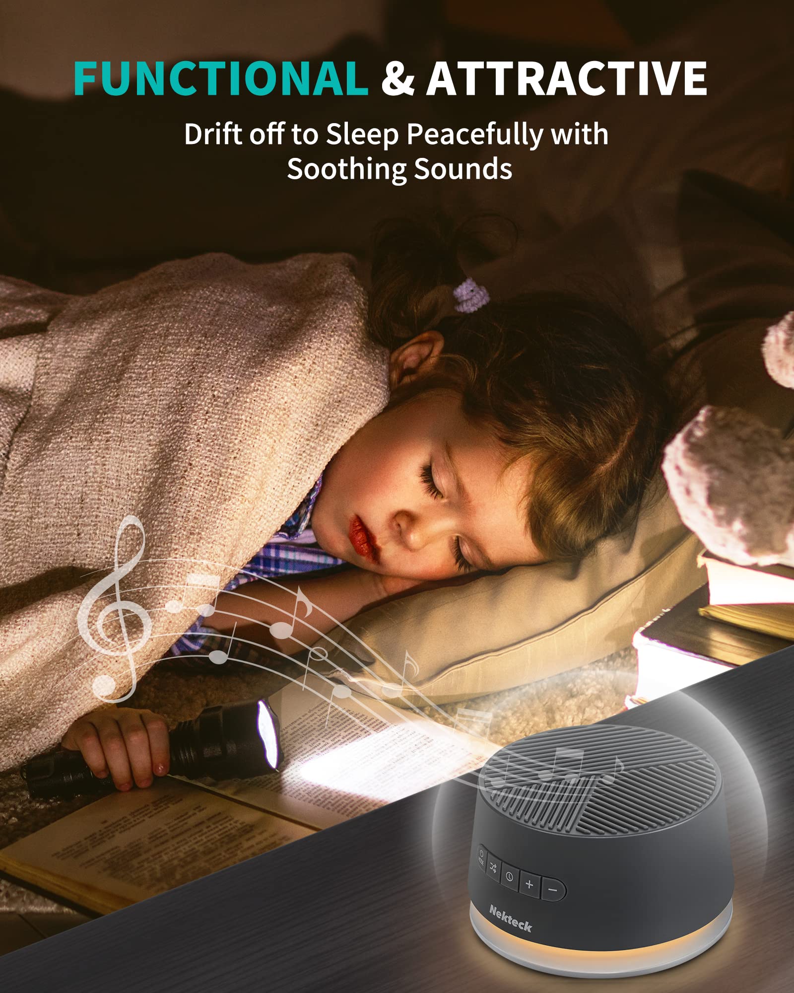 Nekteck White Noise Machine with 36 Soothing Sounds, for Sleeping and Relaxation, Night Light, Auto-Off Timer & Memory Function, Adjustable Volume for Baby, Kids, and Adults