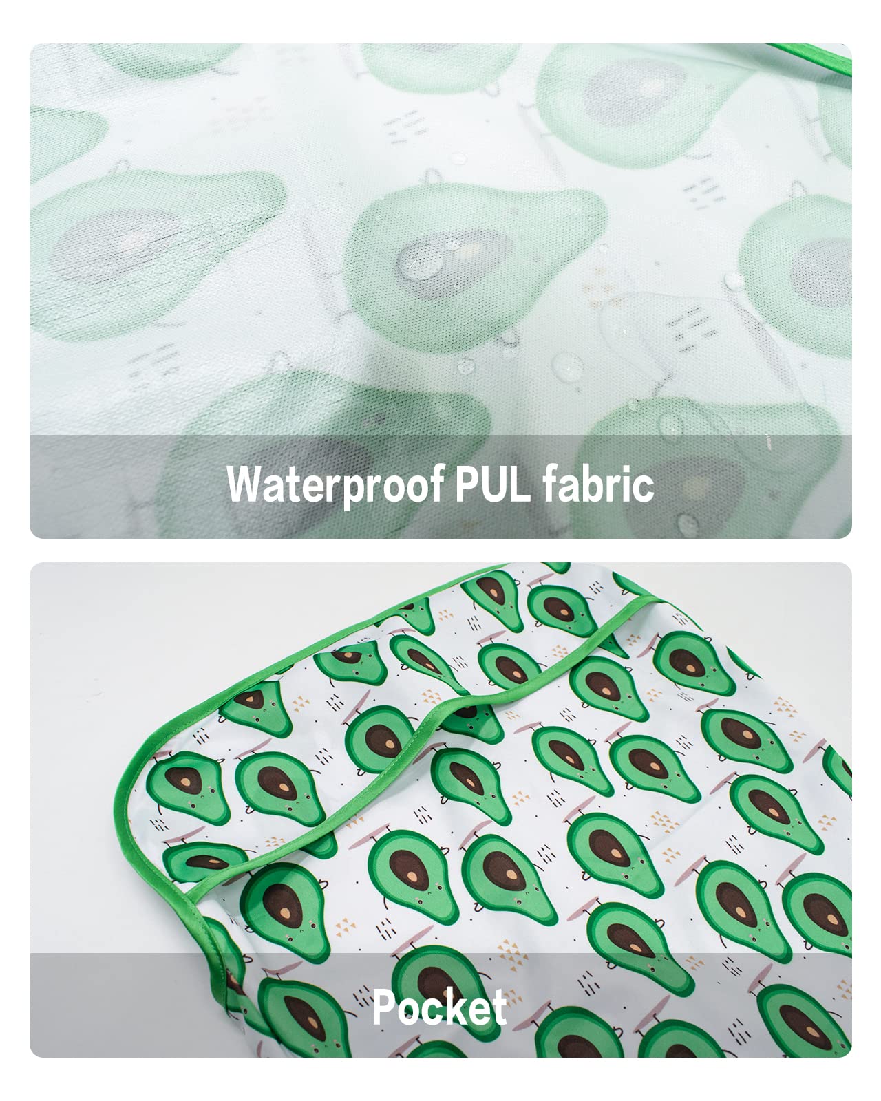 Mumsbest Waterproof Bib for Baby, 2 Pack Toddler Feeding Smock Bibs for Eating with Food Catcher & 1 Wet Bag (L：2-4Years, Green)