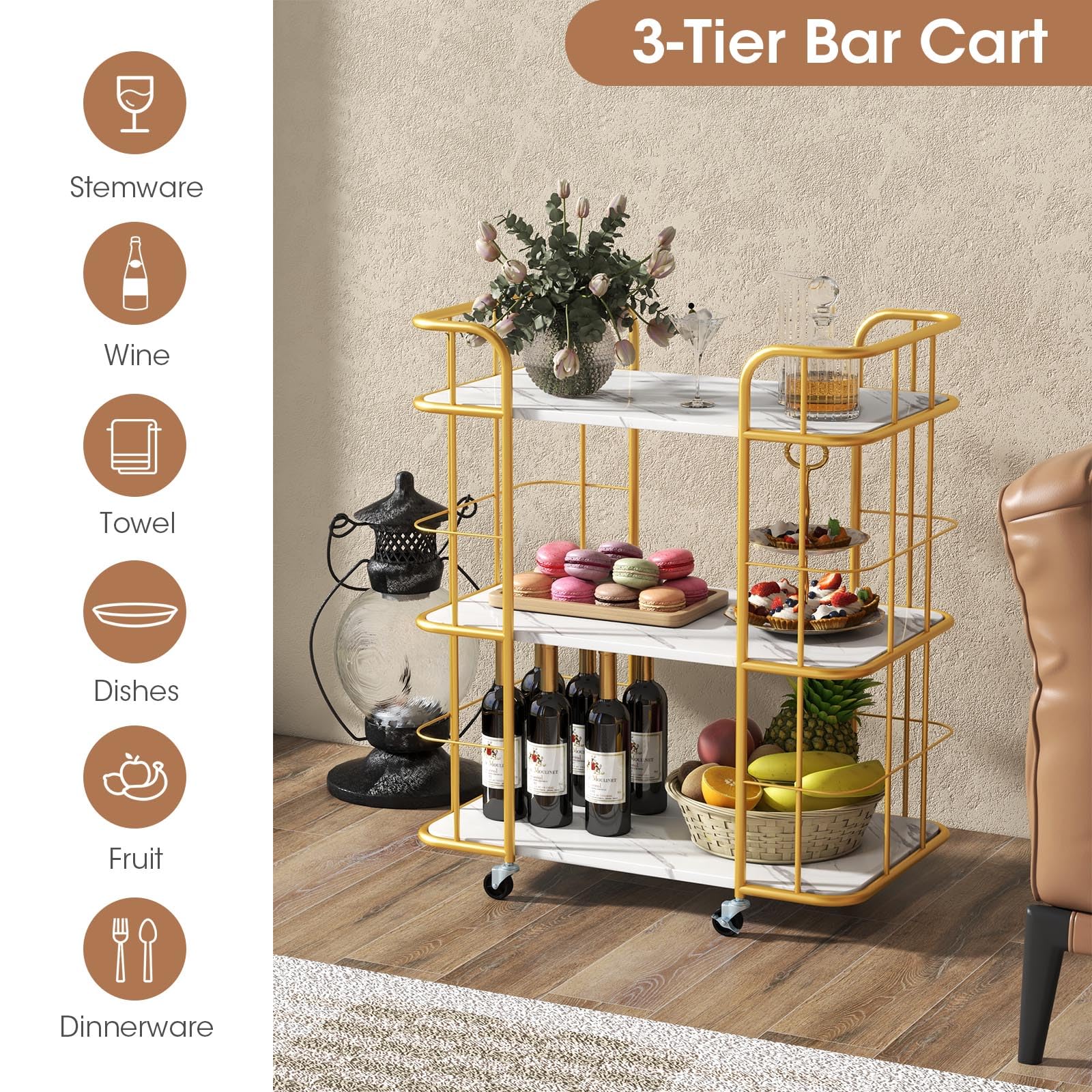 Giantex Gold Bar Cart, Home Island Service Cart, 3 Tier Storage Shelves with Guardrail, Imitation Marble Top, Kitchen Utility Trolley on Wheel Lockable for Dining Room Wine Coffee Bar White (1)