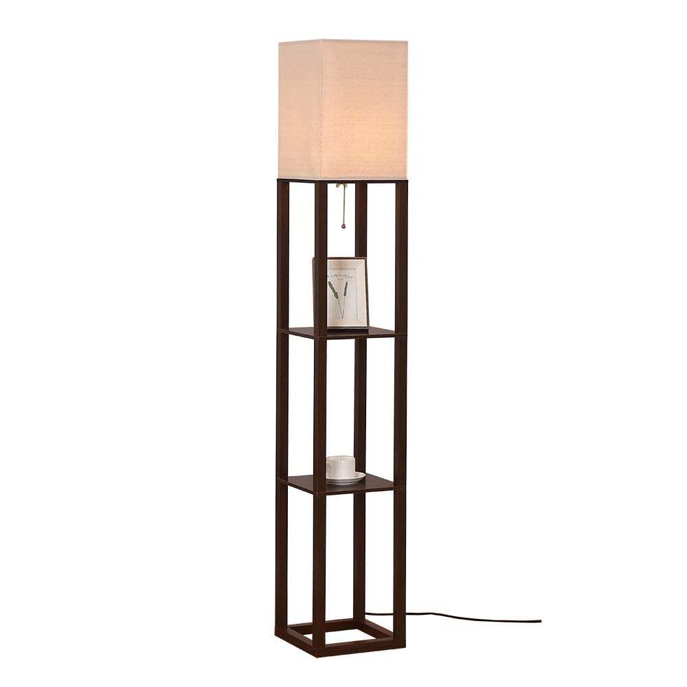 HomeFocus - Floor Lamp,Shelf Floor Lamp with LED Bulb,Corner Display Floor Lamp for Living Room,Bedroom and Office,Linen White Shade,Wood,Brown.