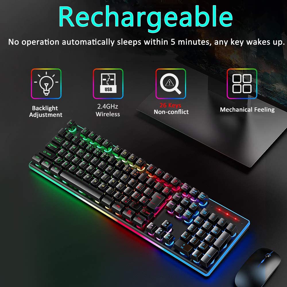 GUIZREN Chroma Rechargeable Wireless Gaming Keyboard, LED Rainbow Backlit, Ergonomic Full Size Keyboard with 7 Color Changing Multimedia Keys, for Teclado Gamer PC, Computer, Desktop, Laptop