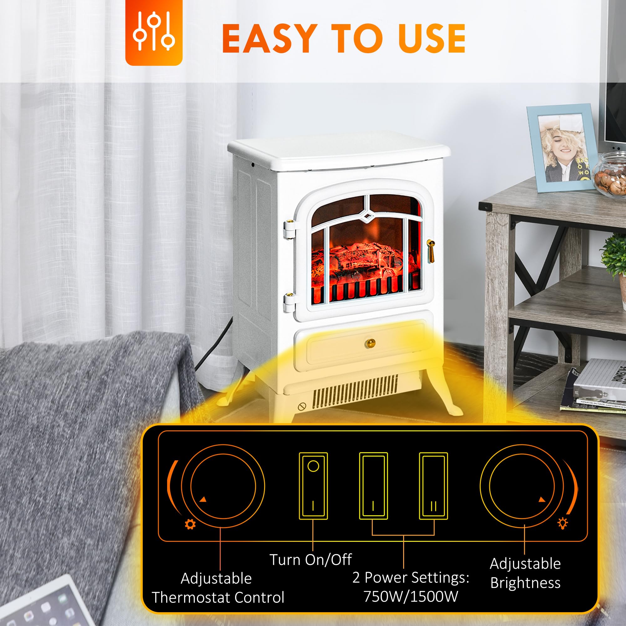 HOMCOM 22" Electric Fireplace Heater, Freestanding Fire Place Stove with Realistic LED Flames and Logs, and Overheating Protection, 750W/1500W, White