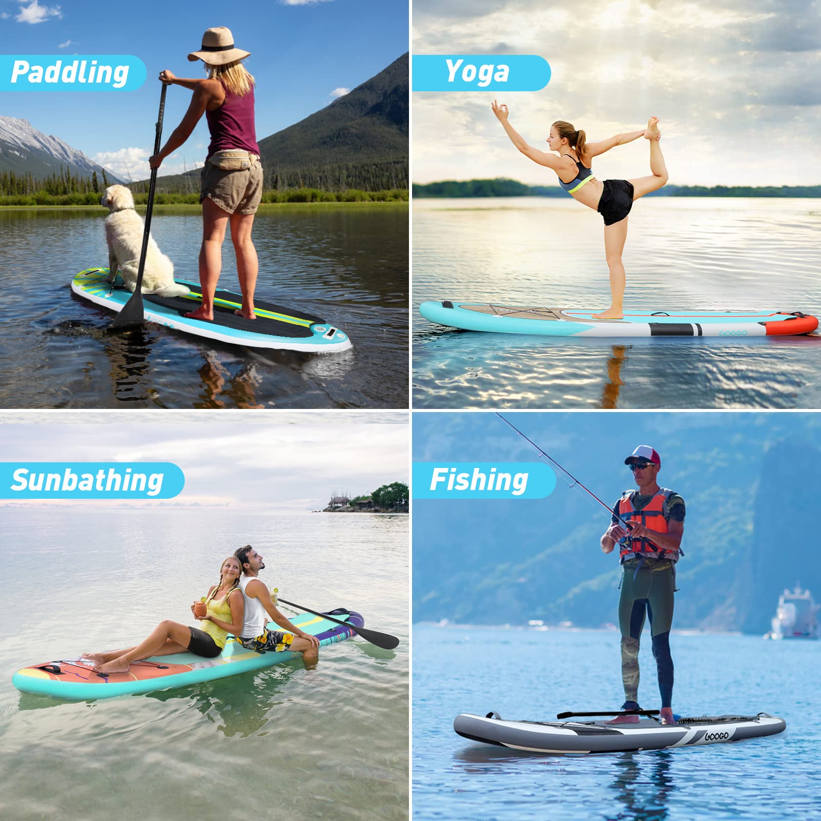 Googo Inflatable Paddle Board, Extra Wide Stand Up Paddleboard with SUP Accessories, Adjustable Paddle, 3 Fins, Electric Pump, Backpack, Leash, Dry Bag & Phone Bag, Ideal for Men Women & Youths